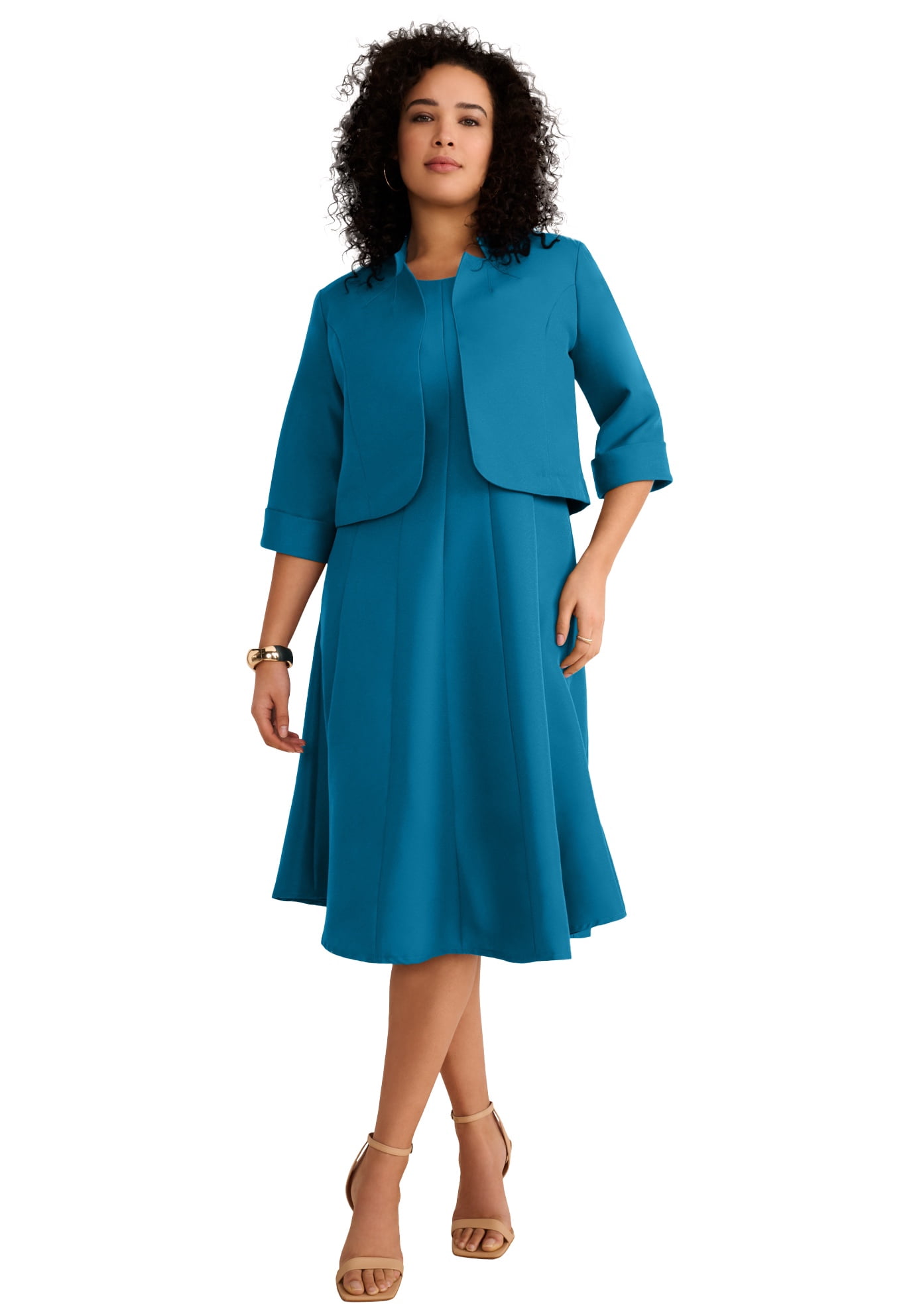 Roaman's Women's Plus Size Elbow Sleeve Fit-And-Flare Dress With Bolero ...