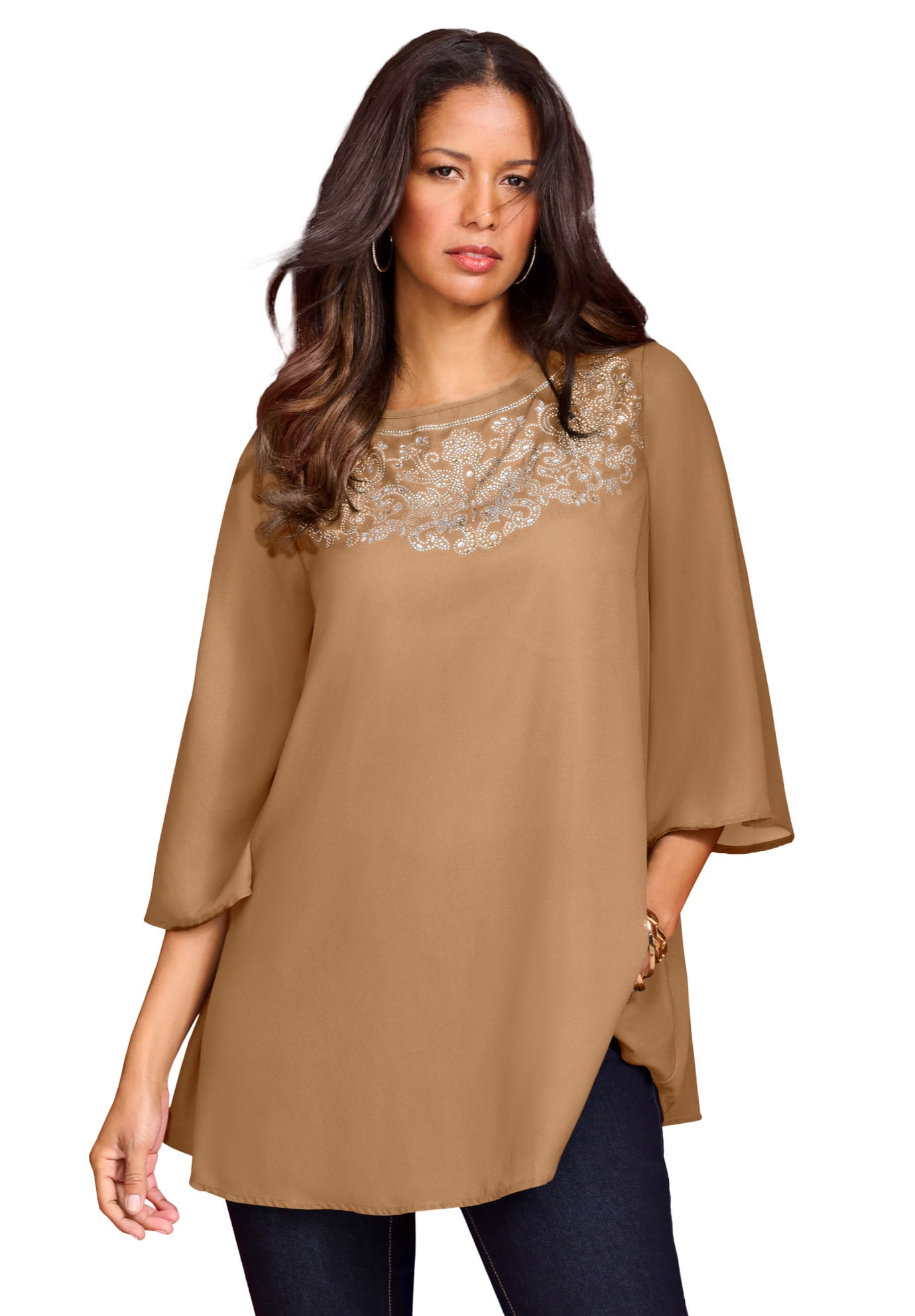 Roaman's Women's Plus Size Flare-Sleeve Embellished Georgette Top ...