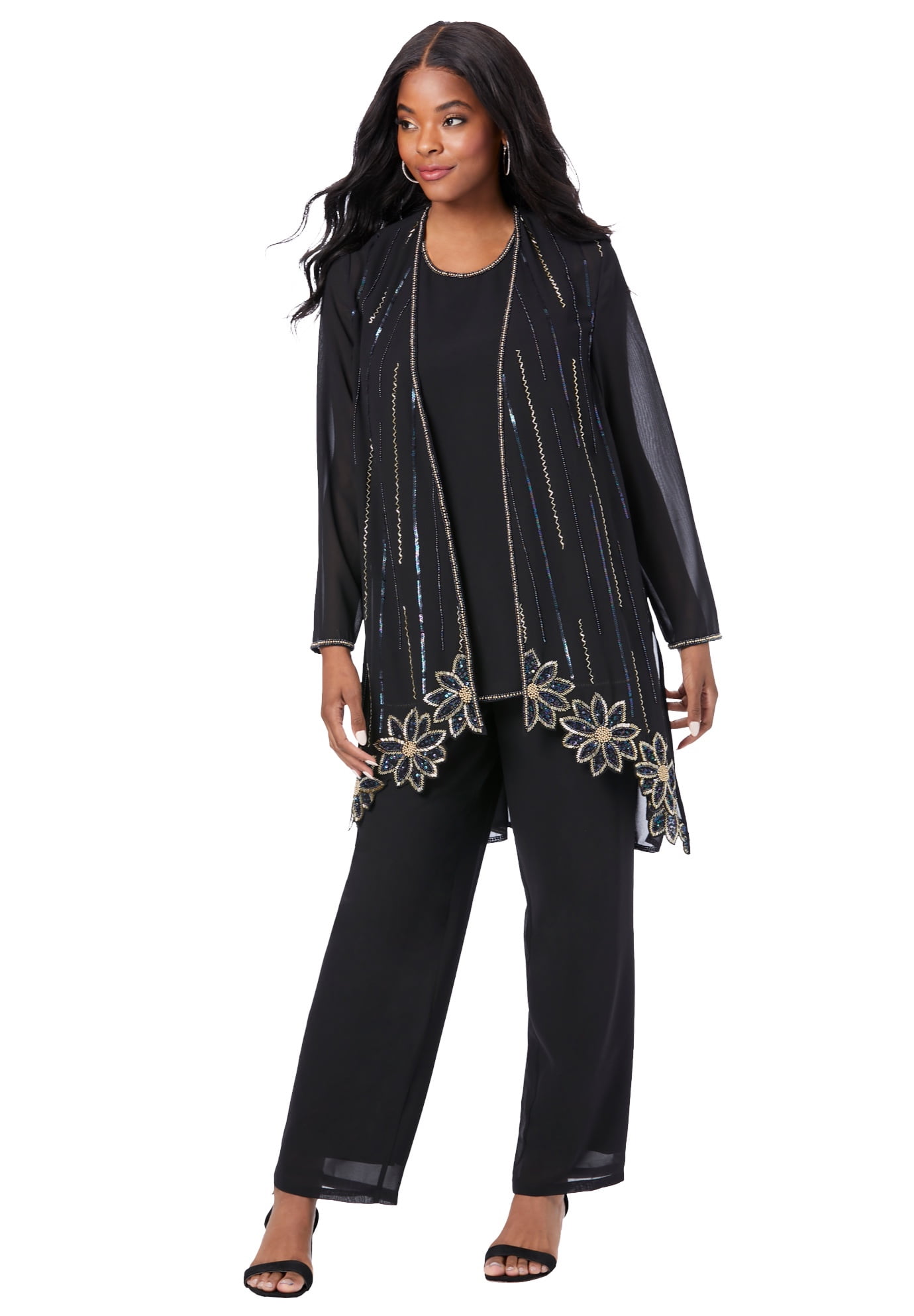Roaman's Plus Size Three-Piece Beaded Pant Set for Women, Office ...