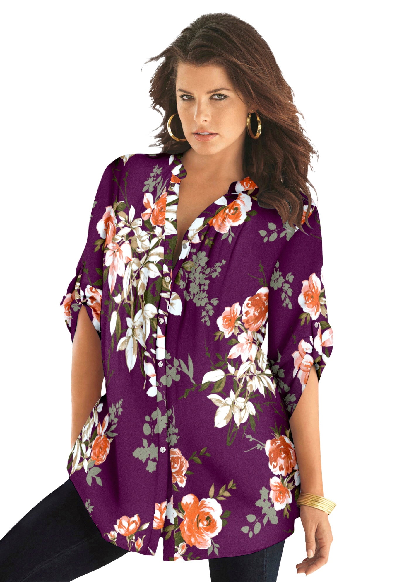 Roaman's Women's Plus Size Floral Y-Neck Pintuck Tunic – Adjustable ...