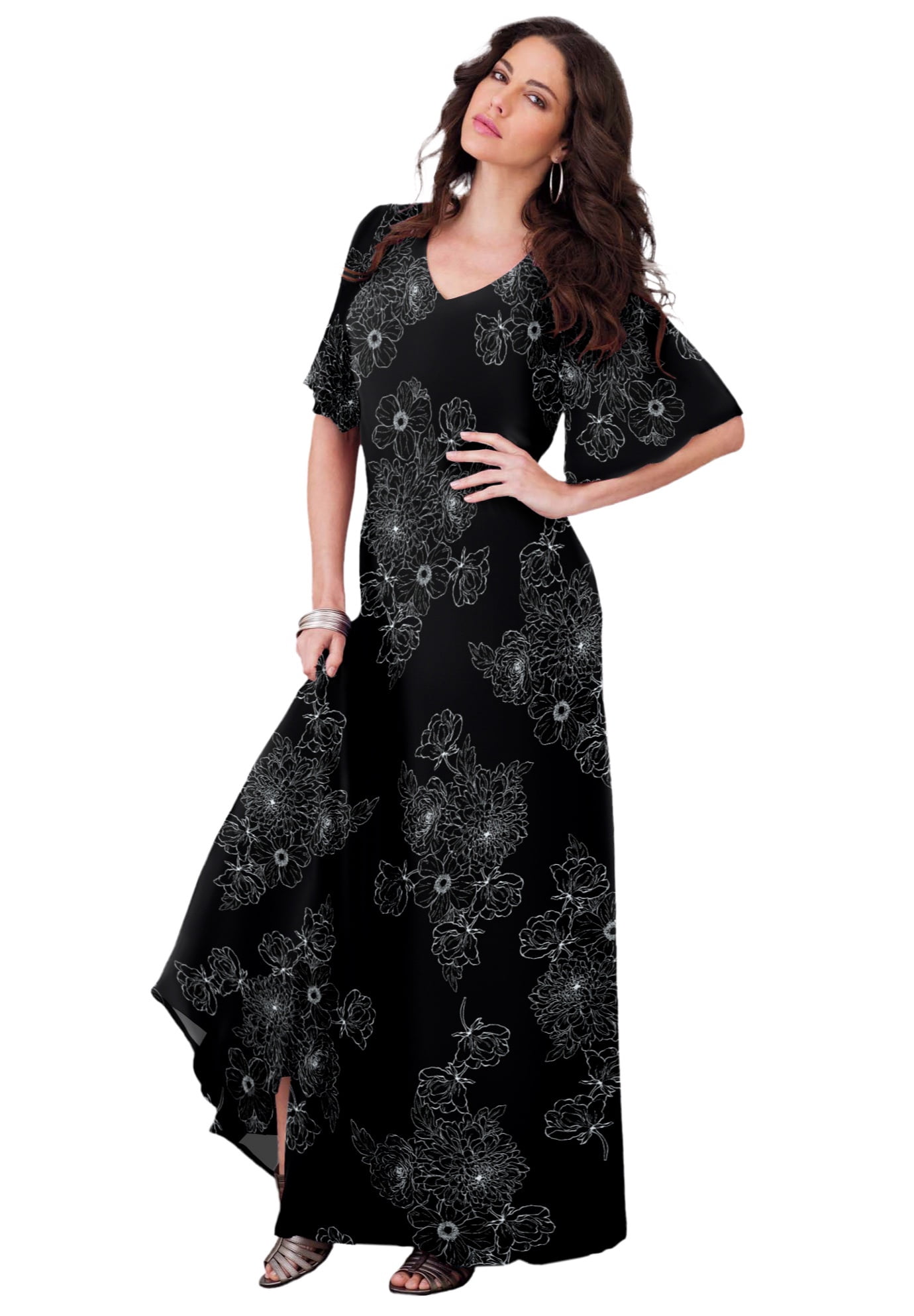 Roaman's Women's Plus Size Petite Flutter-Sleeve Crinkle Dress ...