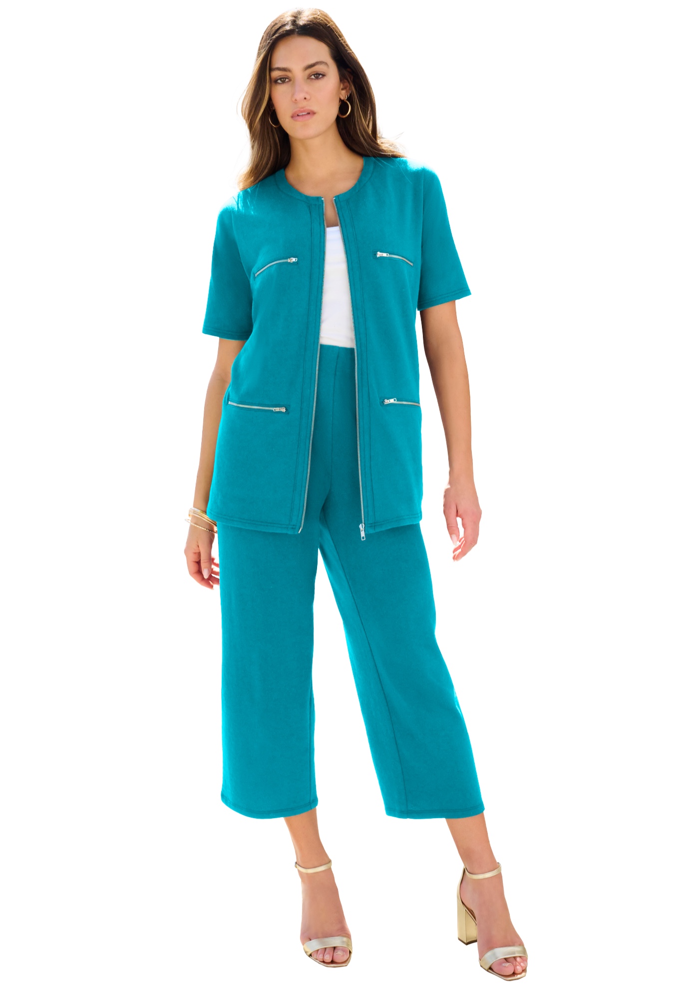 Roaman's Women's Plus Size French Terry Cropped Pant Set - Walmart.com