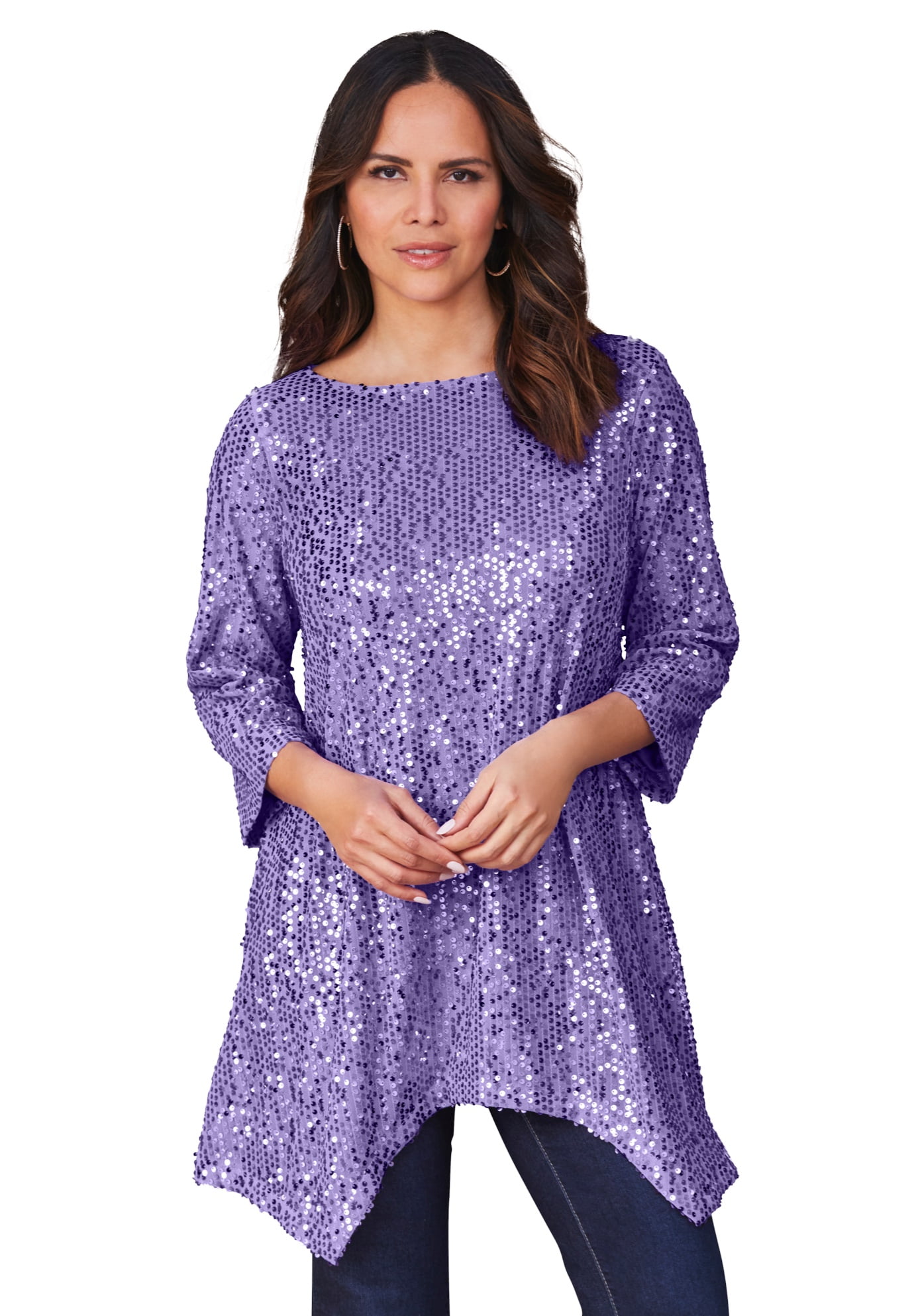 Roaman's Women's Plus Size Handkerchief Hem Sequin Tunic - Walmart.com