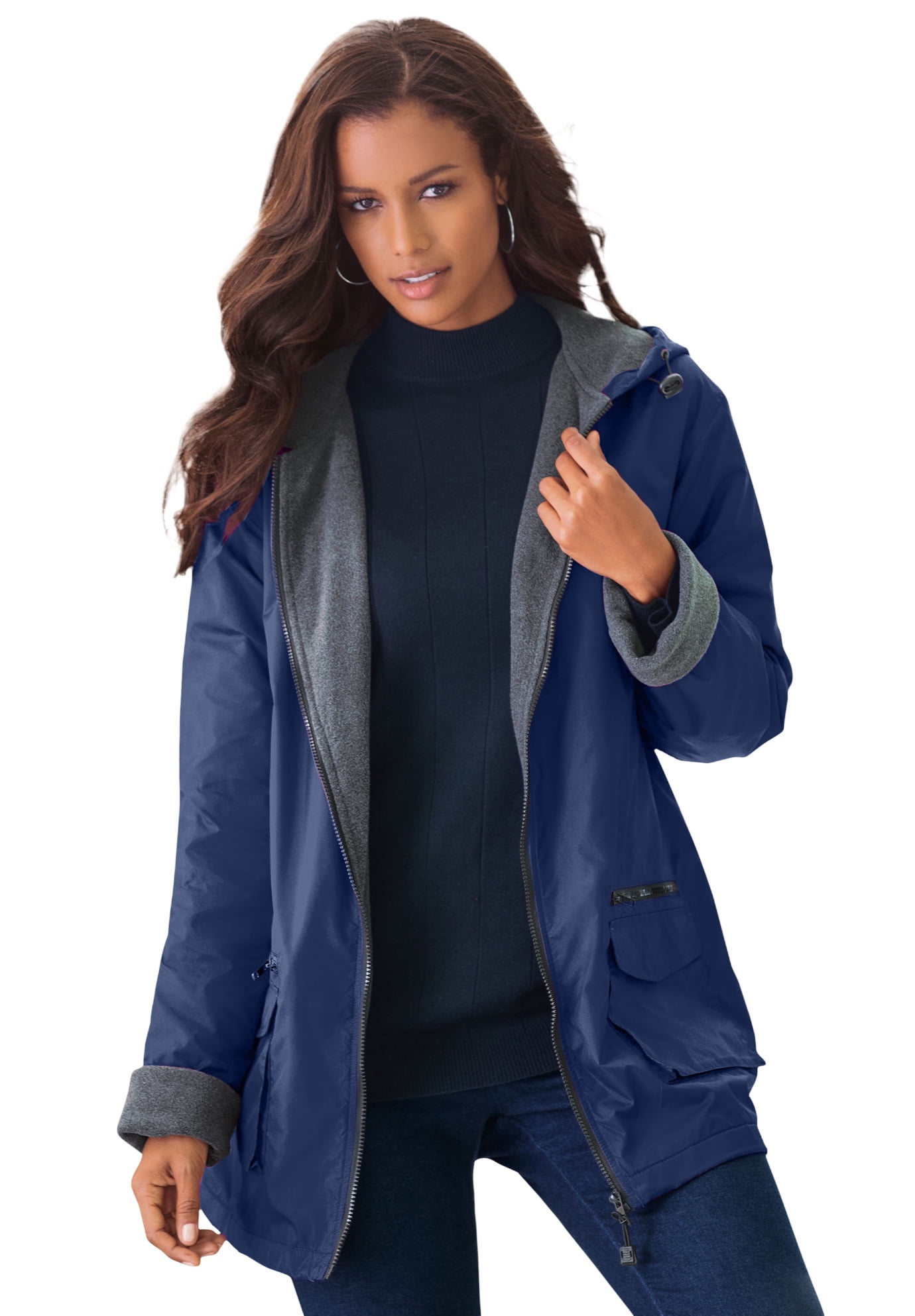Roaman's Women's Plus Size Hooded All-Weather Jacket Fleece Lining Rain ...