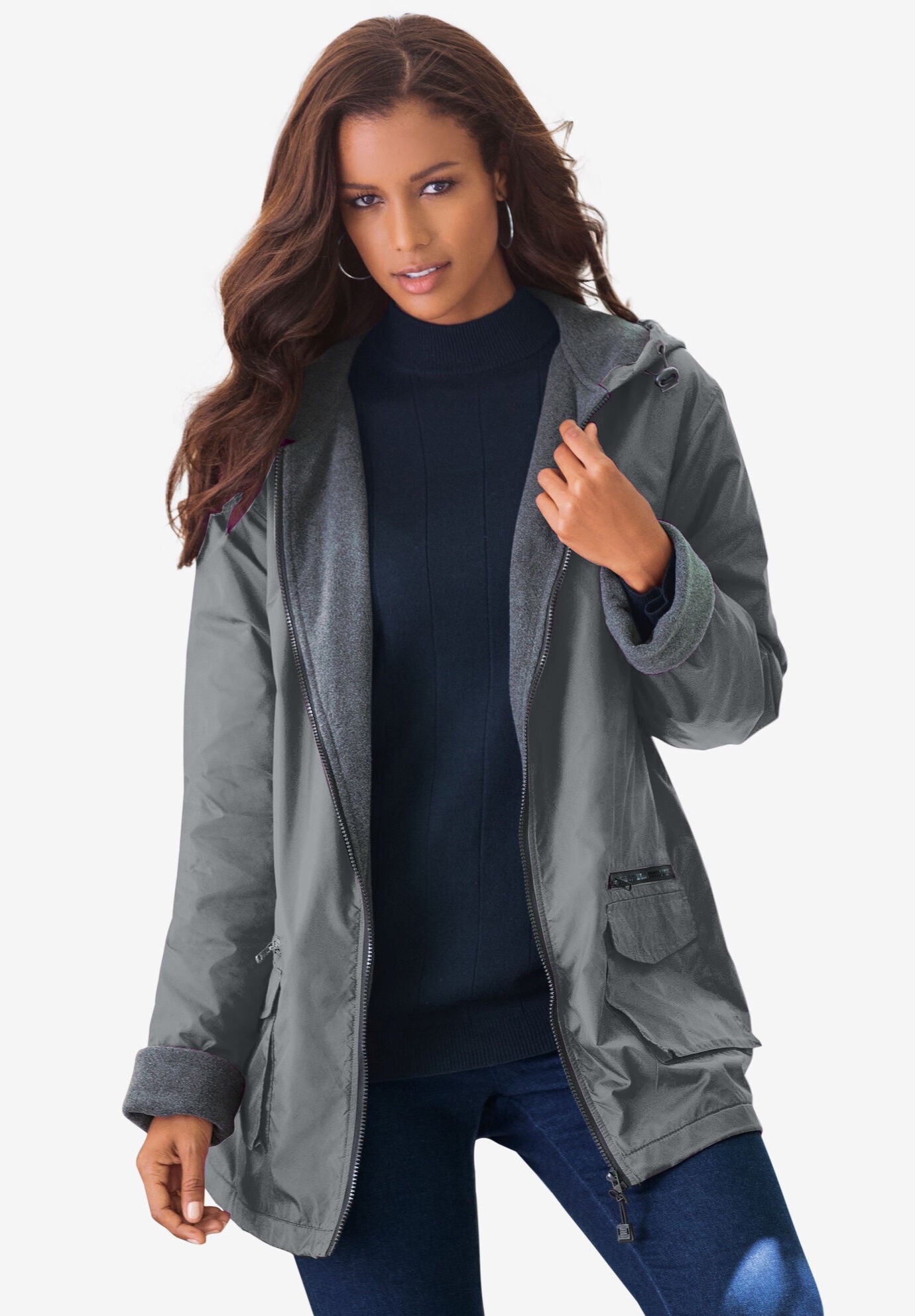 Roaman's Women's Plus Size Hooded All-Weather Jacket Fleece Lining Rain ...
