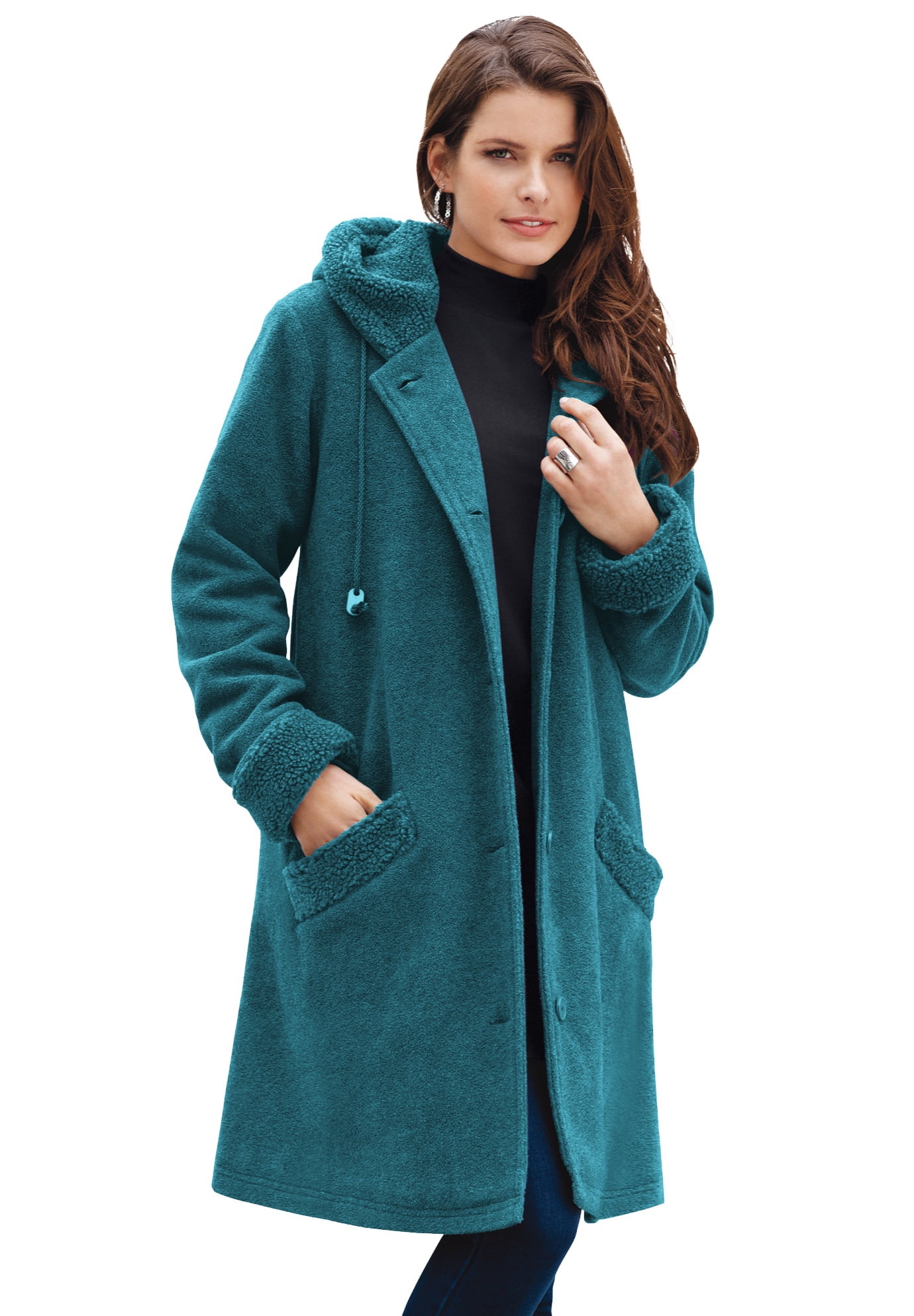 Roaman's Women's Plus Size Hooded Button Front Plush Fleece Coat ...