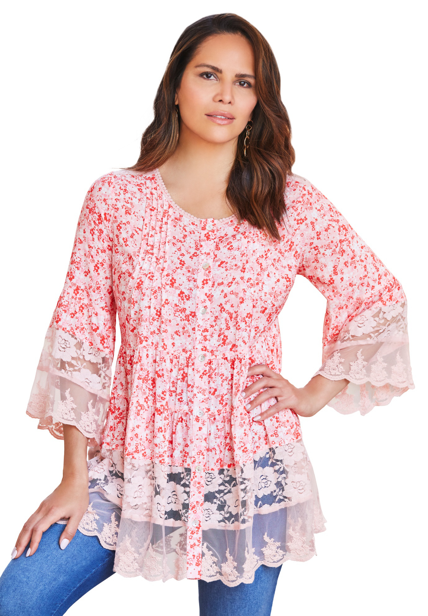 Roaman's Women's Plus Size Illusion Lace Big Shirt - Walmart.com