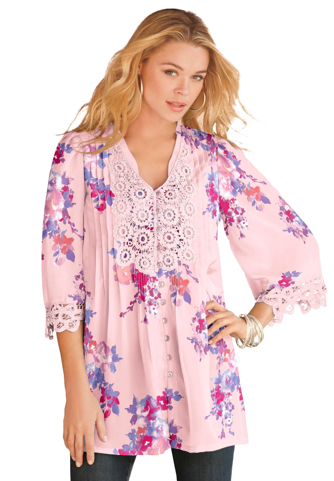 Roaman's Women's Plus Size Juliet Lace Big Shirt Long Shirt Blouse ...