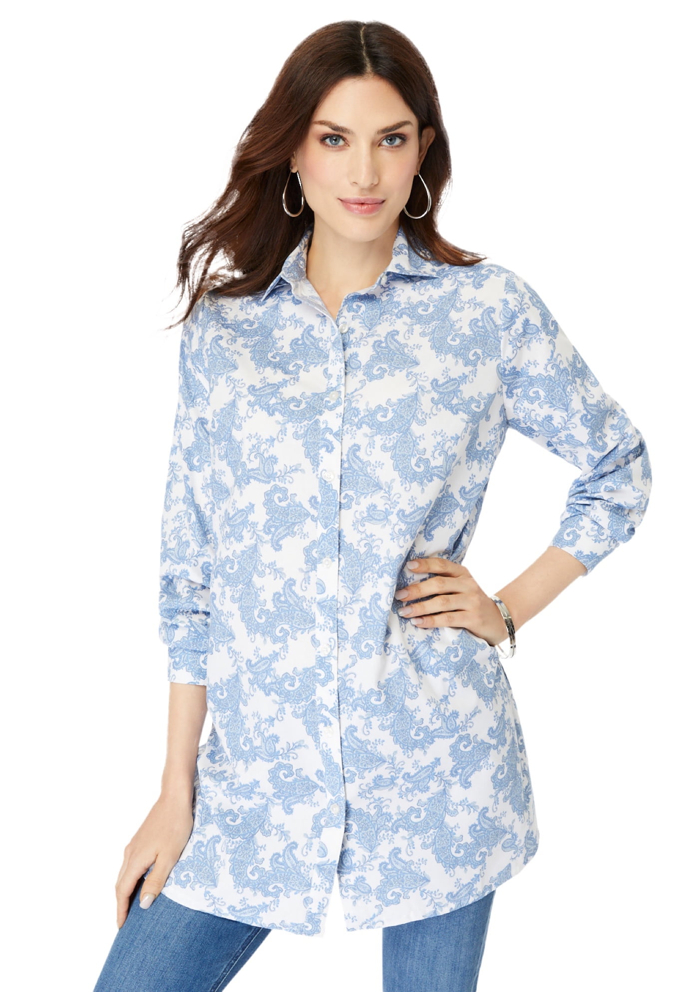 Roaman's Women's Plus Size Kate Tunic Big Shirt Button Down Tunic Shirt ...