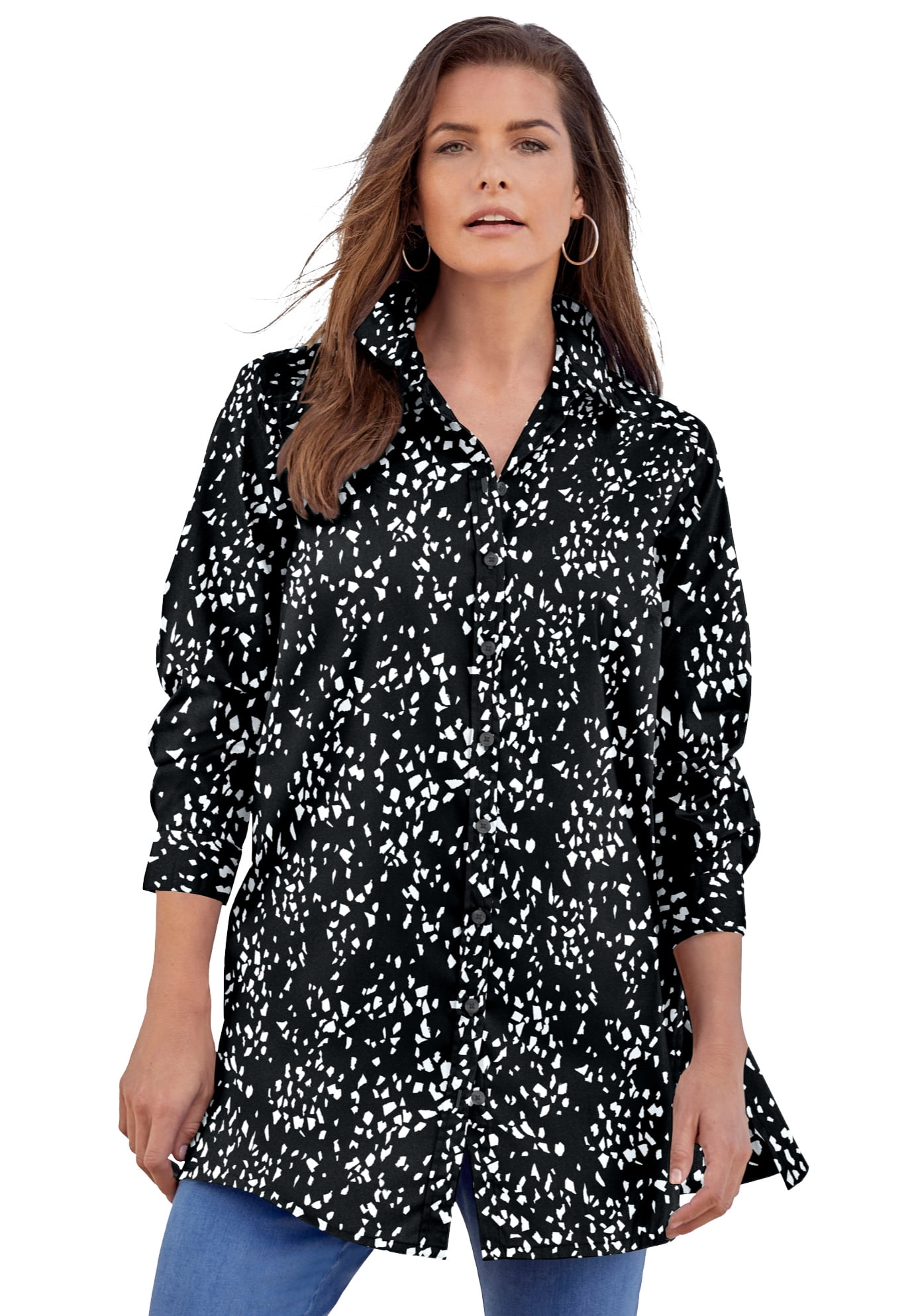 Roaman's Women's Plus Size Kate Long-Sleeve Crisp Cotton-Blend Button ...