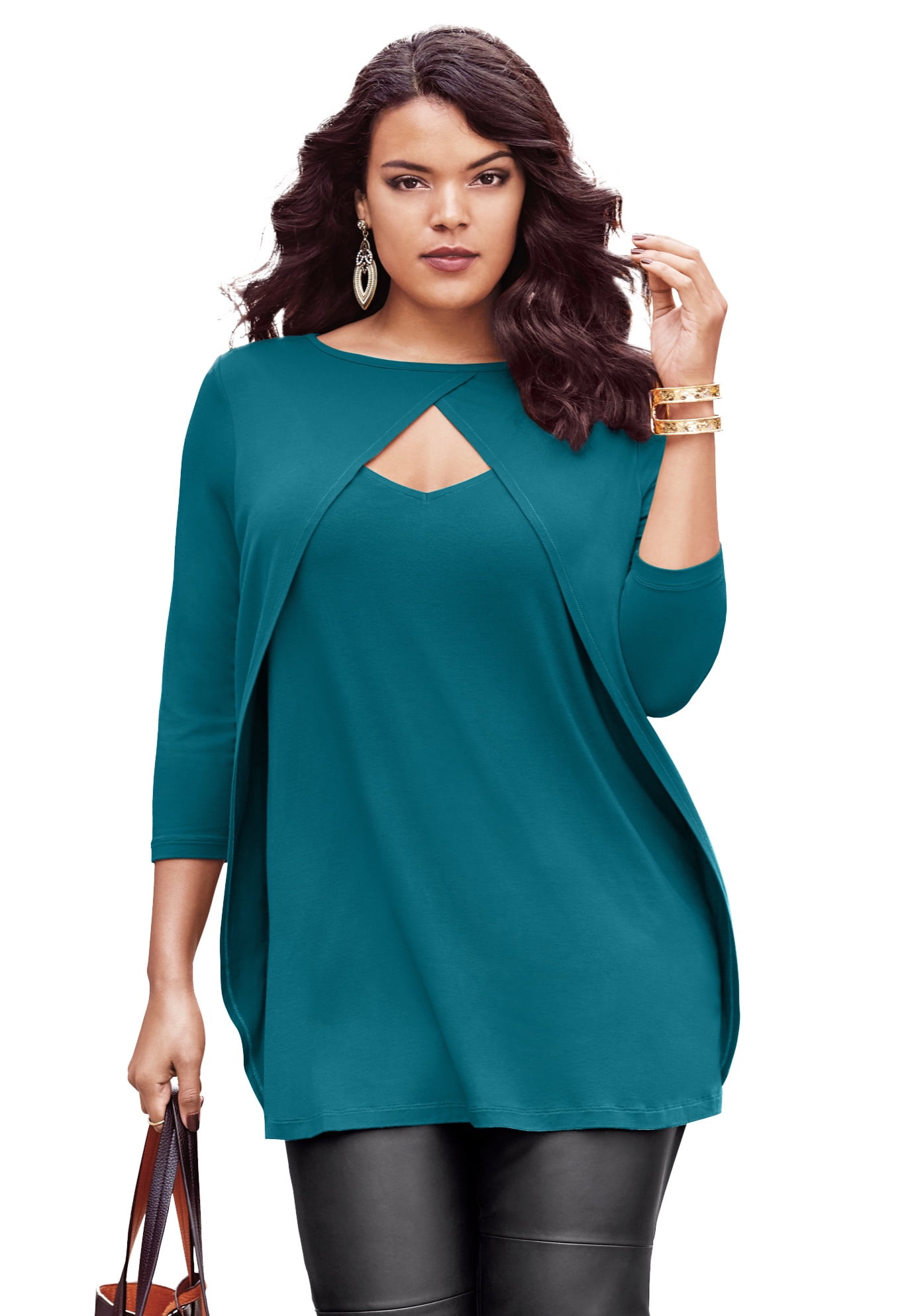 Roaman's Women's Plus Size Keyhole Ultra Femme Tee Shirt - Walmart.com