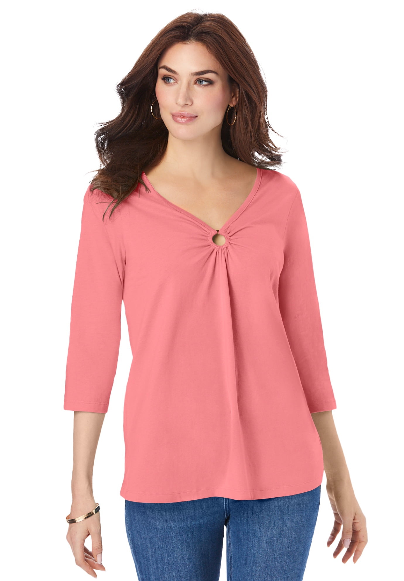 Roaman's Women's Plus Size Ultimate Keyhole V Neck Tee - Walmart.com