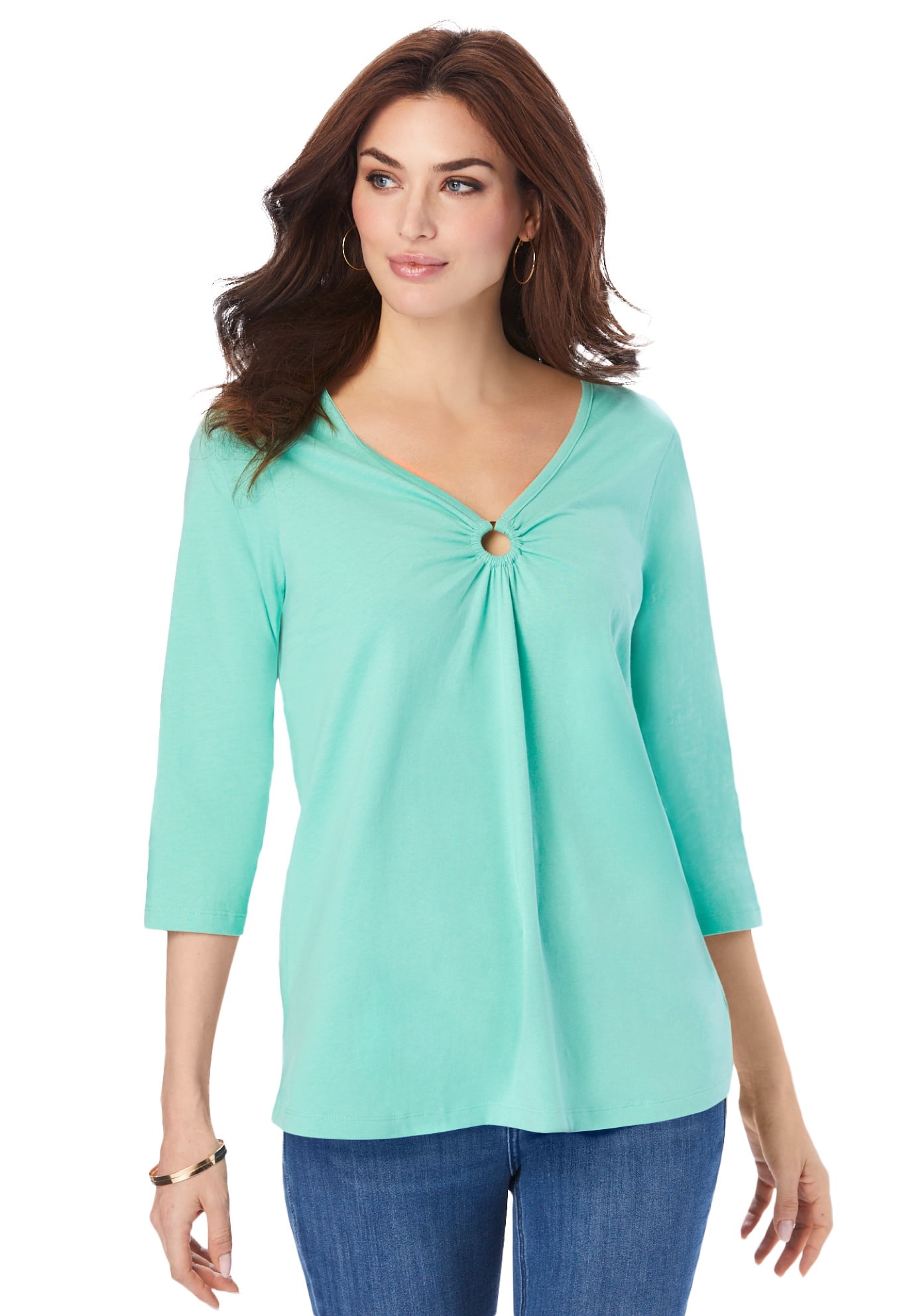 Roaman's Women's Plus Size Keyhole V Neck Ultimate Tee - Walmart.com
