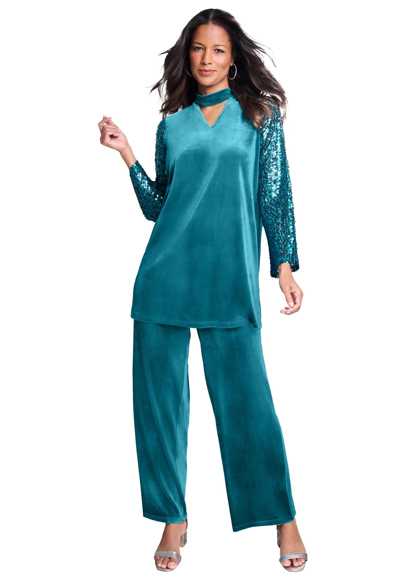 Roaman's Women's Plus Size Keyhole Velour Pant Set. - Walmart.com