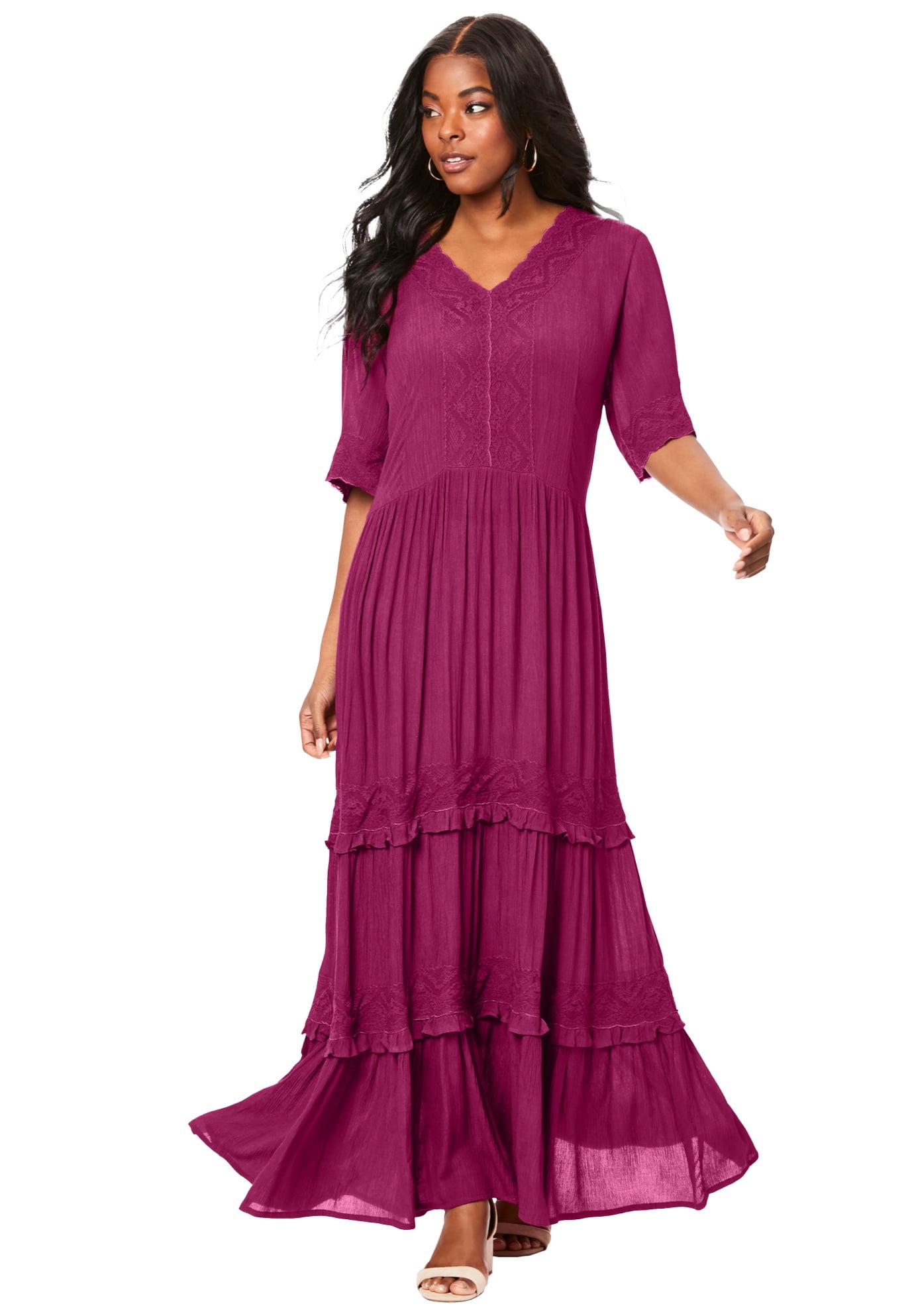 Roaman's Women's Plus Size Lace Crinkle Maxi Dress - 34/36, Berry Twist ...