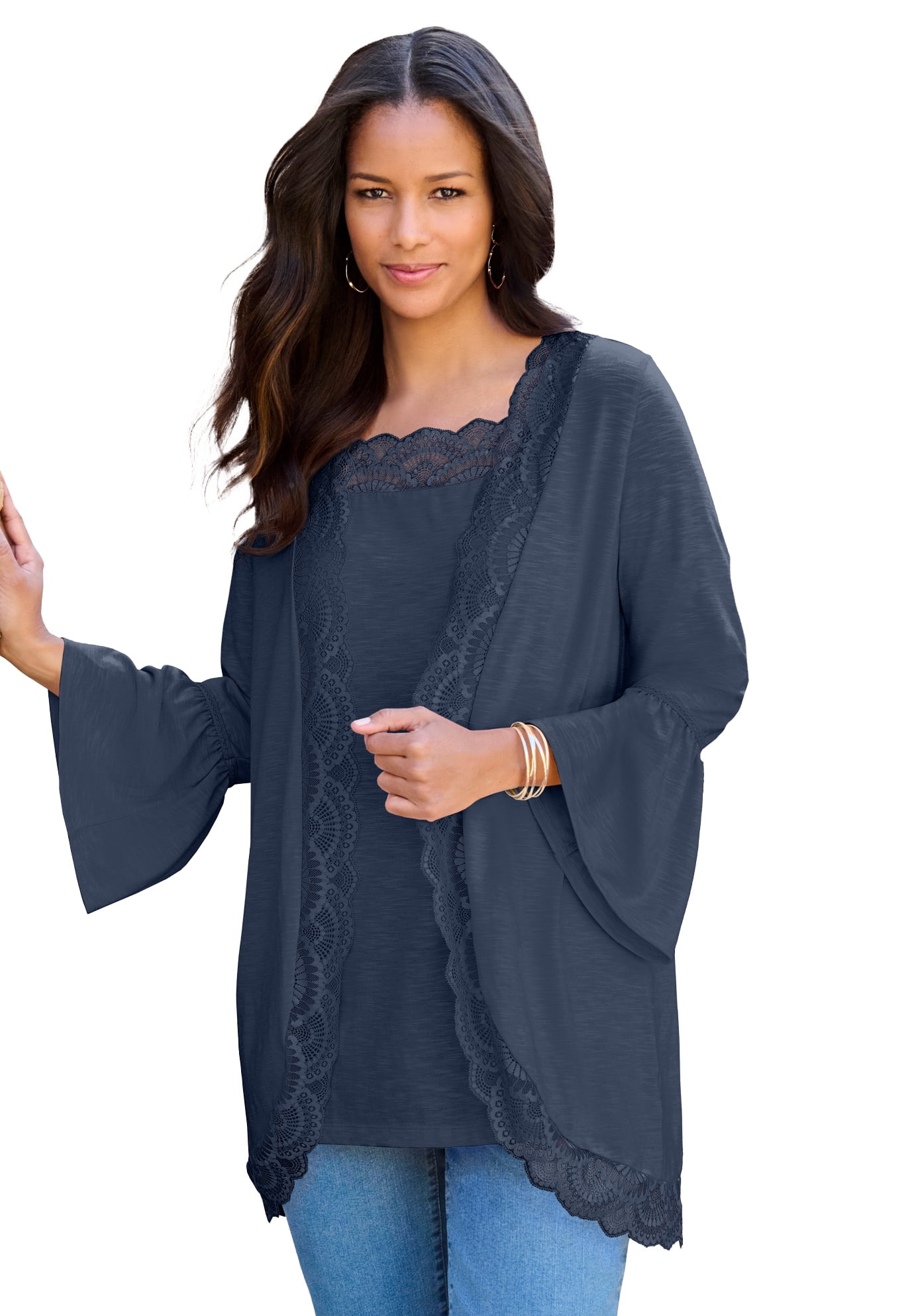 Roaman's Women's Plus Size Lace-Detailed Cardigan And Tank Set ...