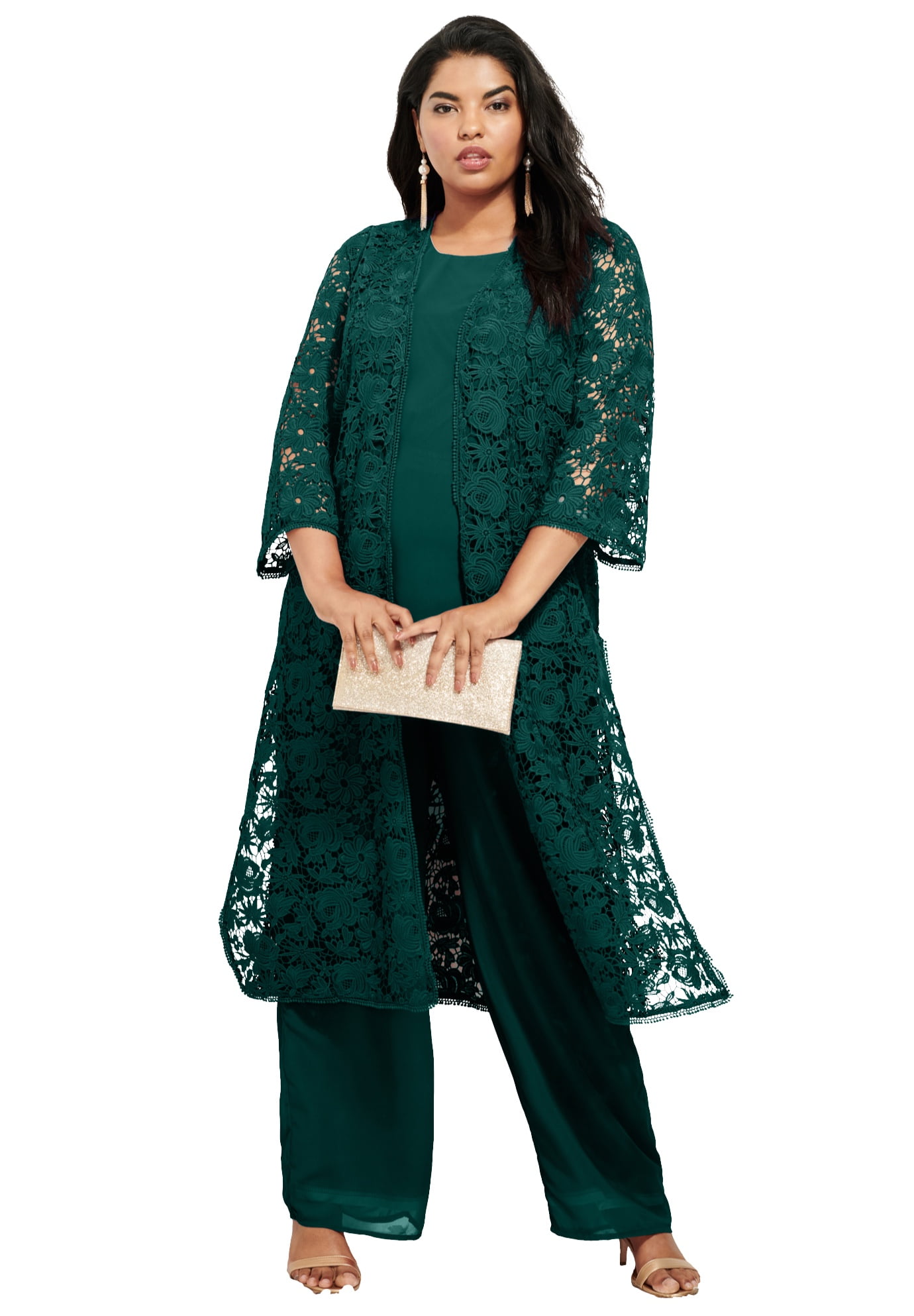 Roaman's Women's Plus Size Petite Plus Size 3-Piece Allover Lace Duster ...