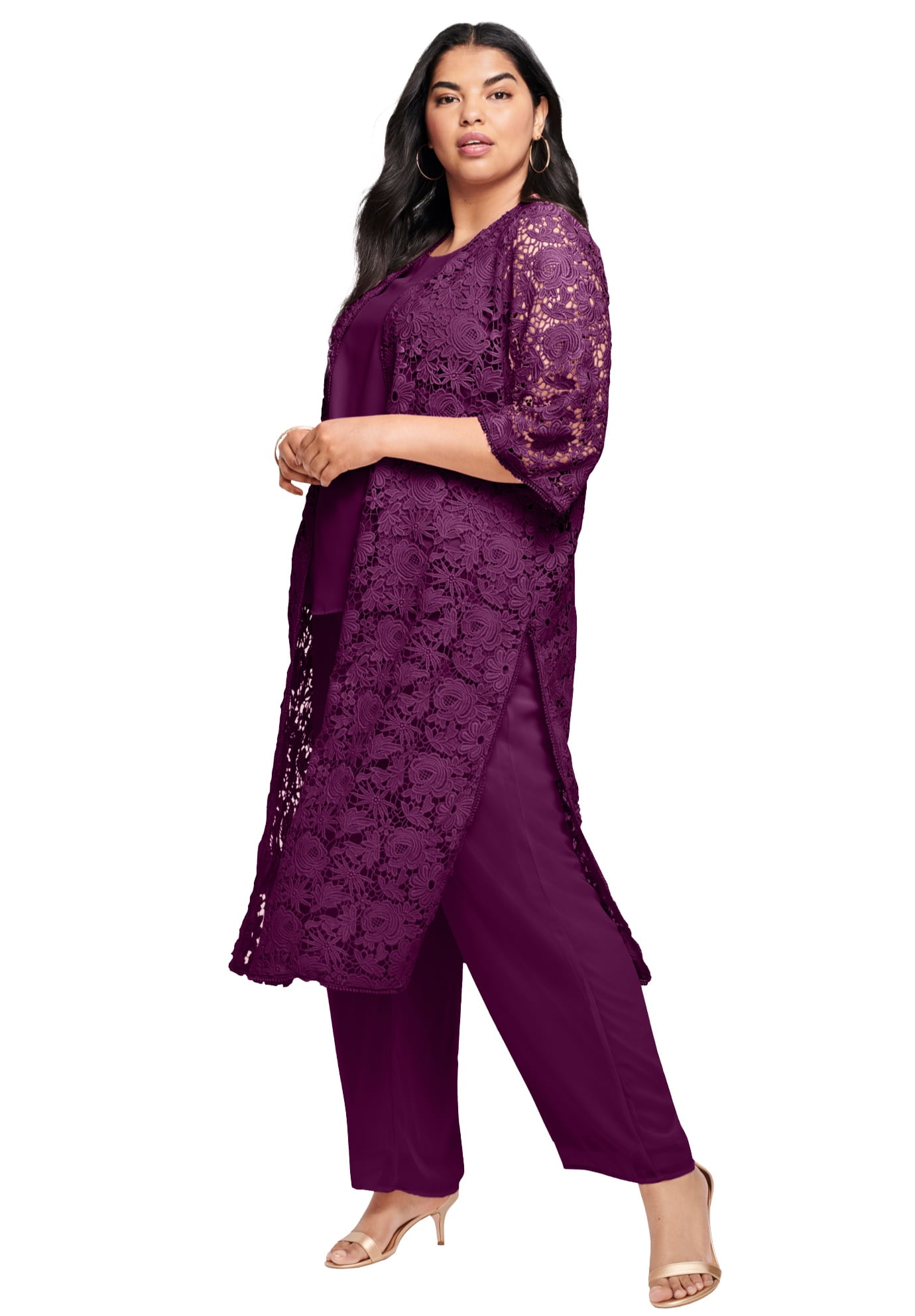 Roaman's Women's Plus Size Plus Size 3-Piece Allover Lace Duster Pant ...