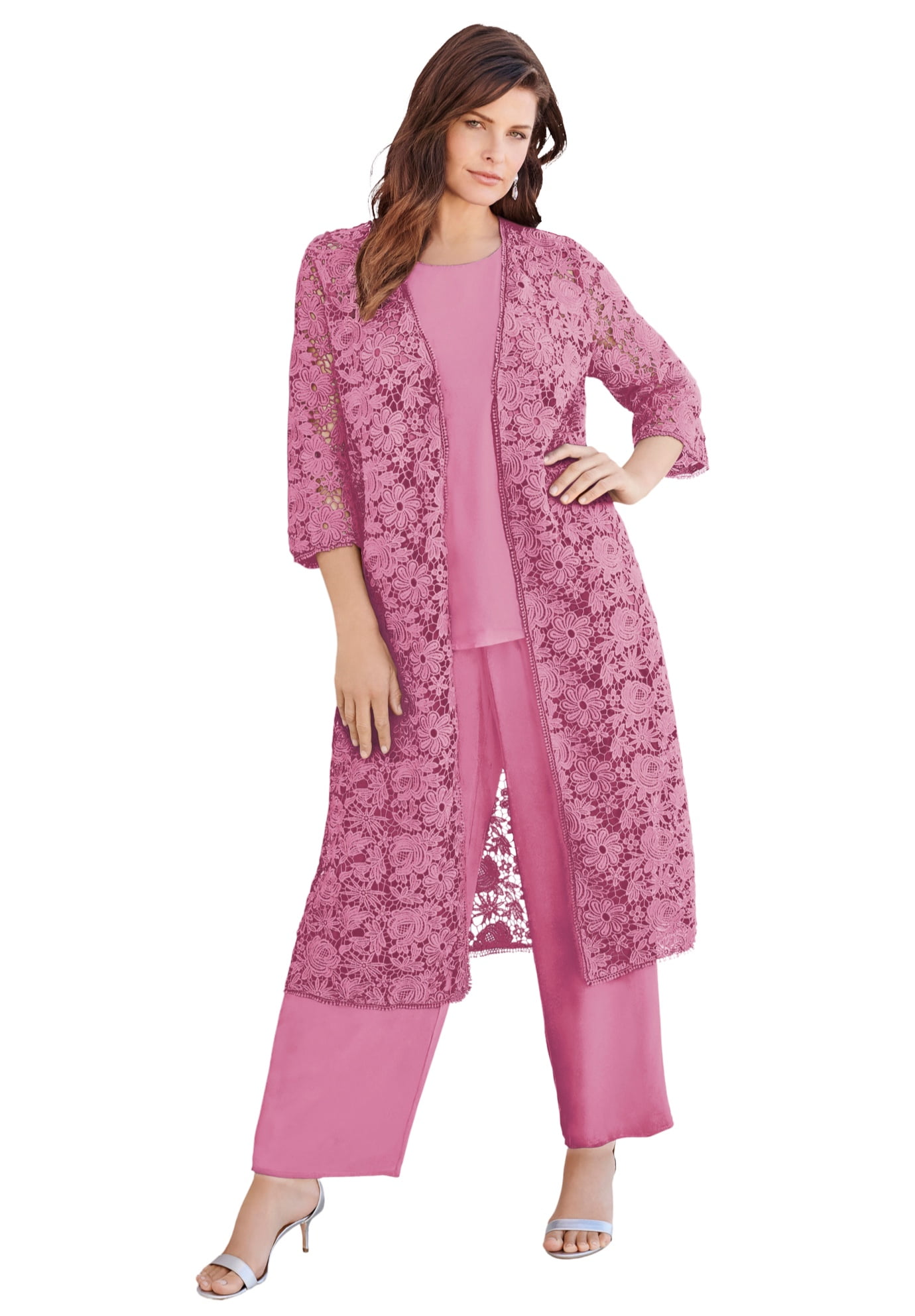 Roaman's Women's Plus Size 3-Piece Allover Lace Duster Pant Set ...