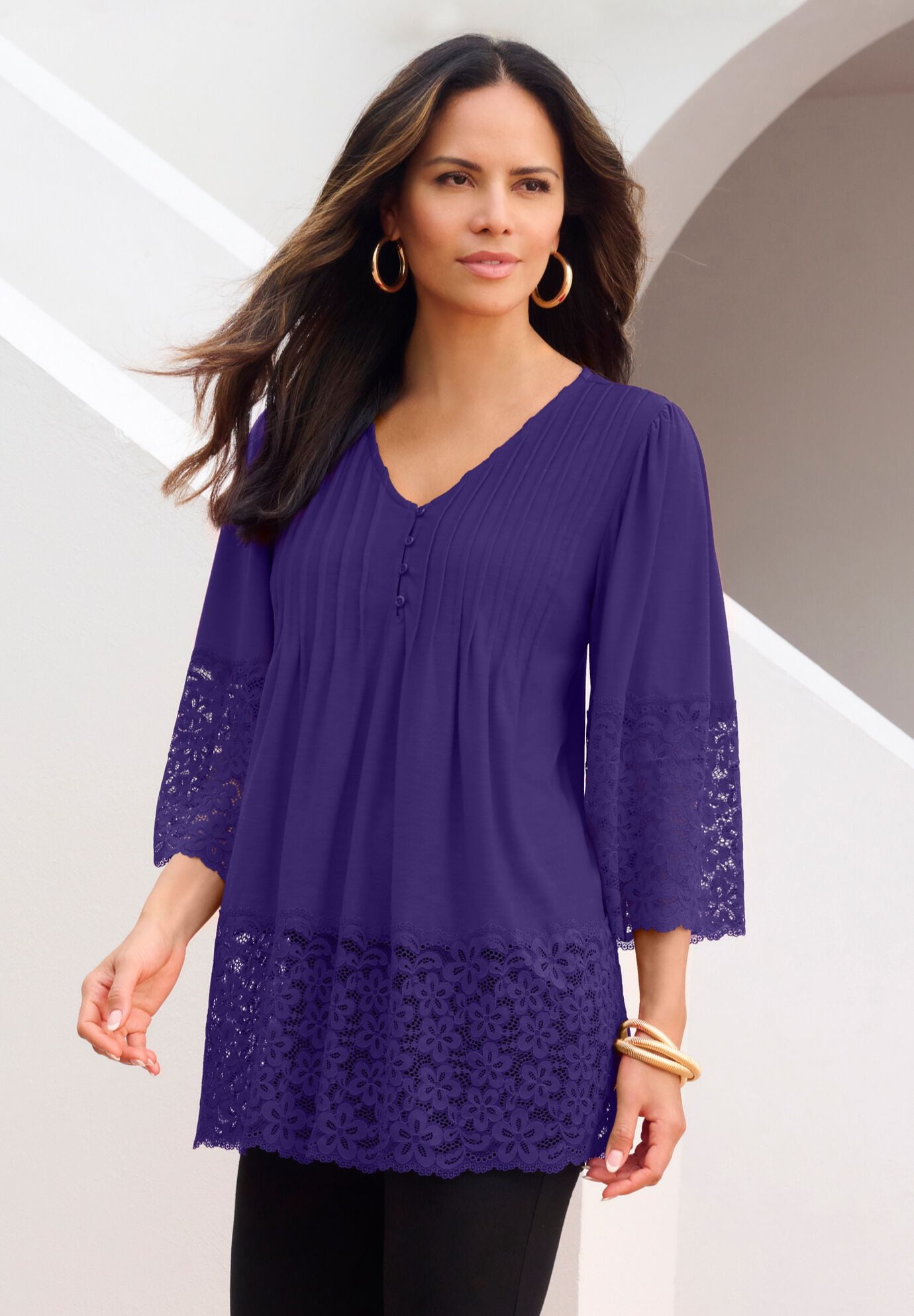 Roaman's Women's Plus Size Lace-Hem Pintuck Tunic - Walmart.com