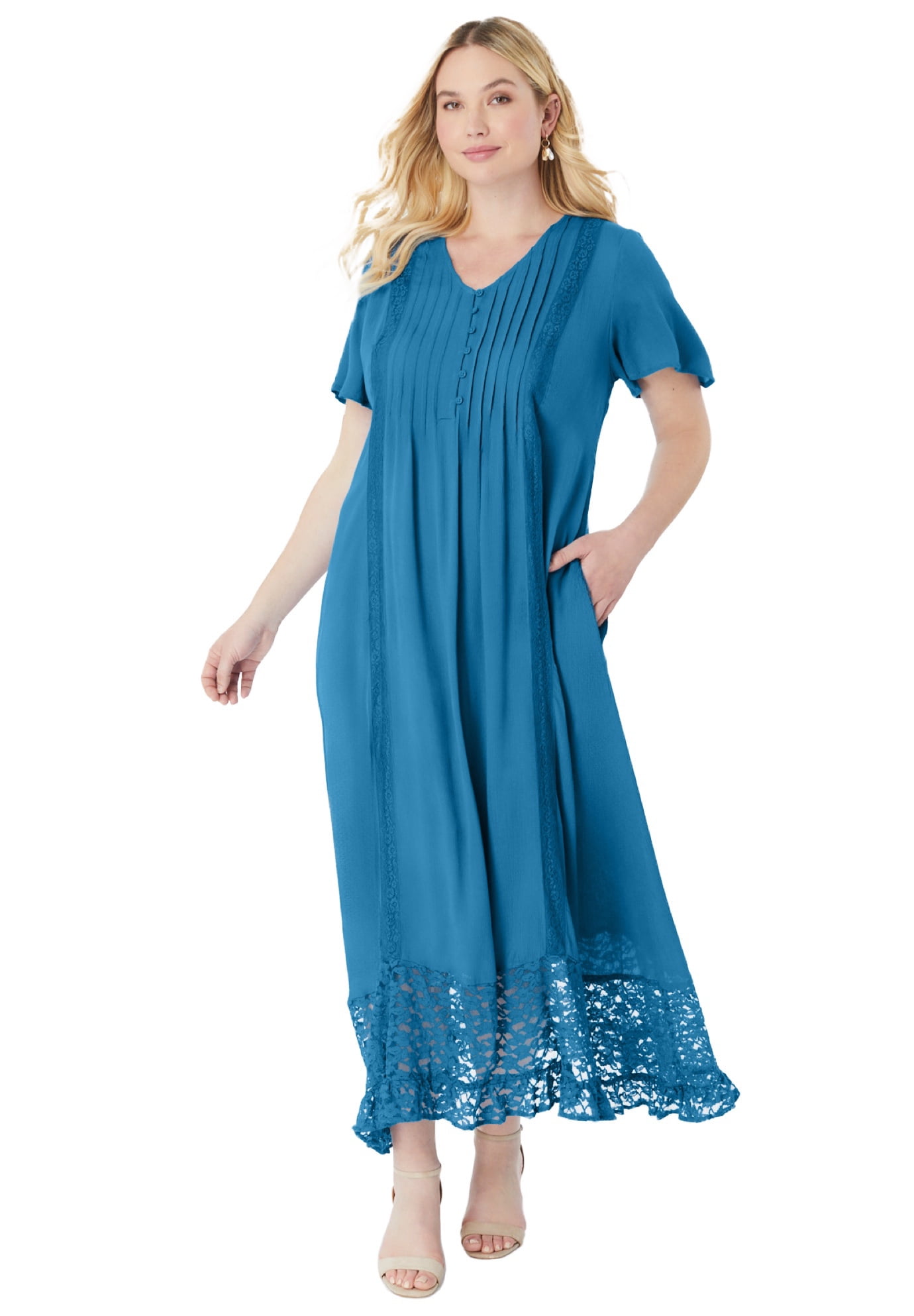 Roaman's Women's Plus Size Lace-Panelled Crinkle Boho Dress - Walmart.com