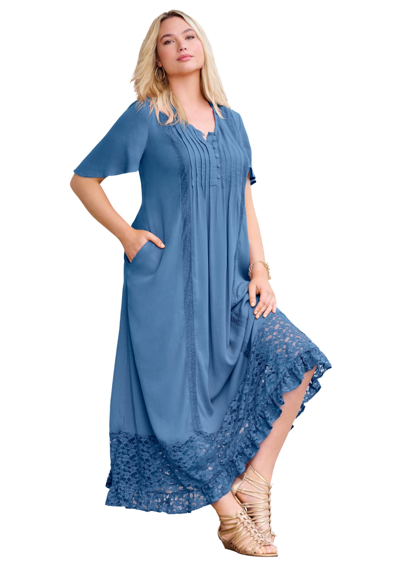 Roaman's Women's Plus Size Hand-Crinkled Lace-Panelled Boho Dress ...