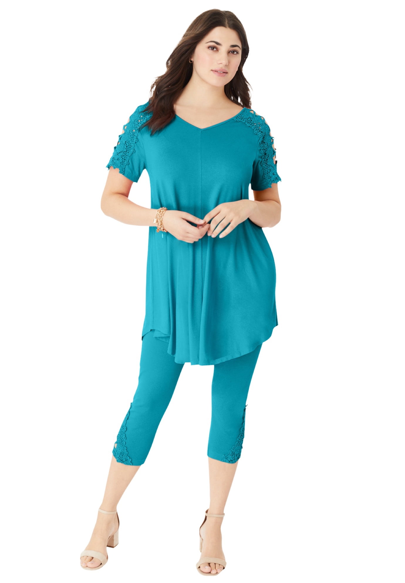 Roaman's Women's Plus Size Lace-Shoulder Ultra Femme Tunic - Walmart.com