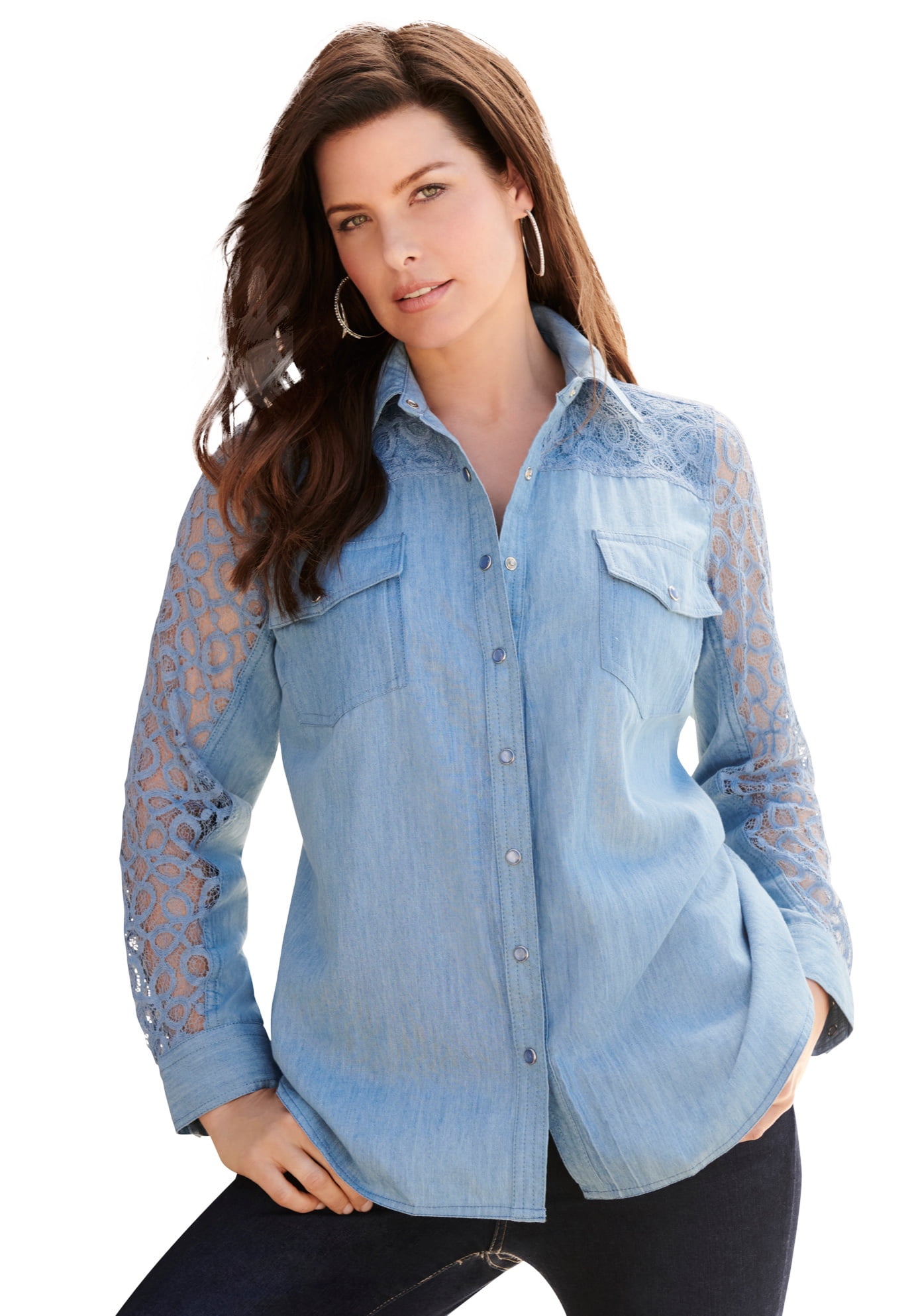 Roaman's Women's Plus Size Lace-Sleeve Denim Big Shirt Bigshirt ...