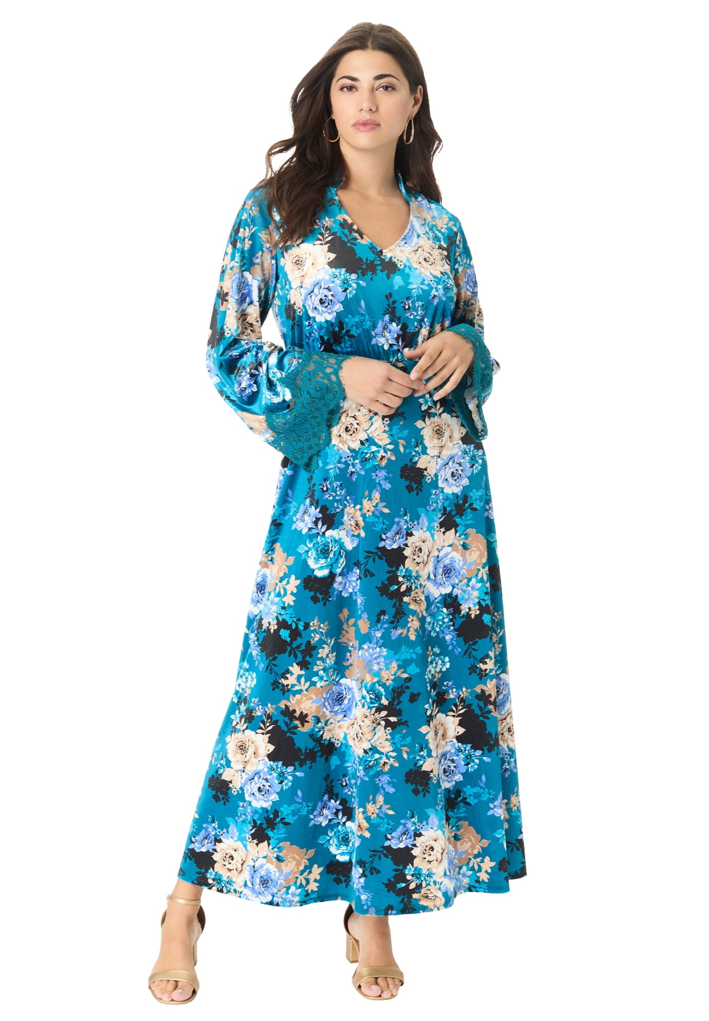 Roaman's Women's Plus Size Lace-Trim Velour Maxi Dress - Walmart.com
