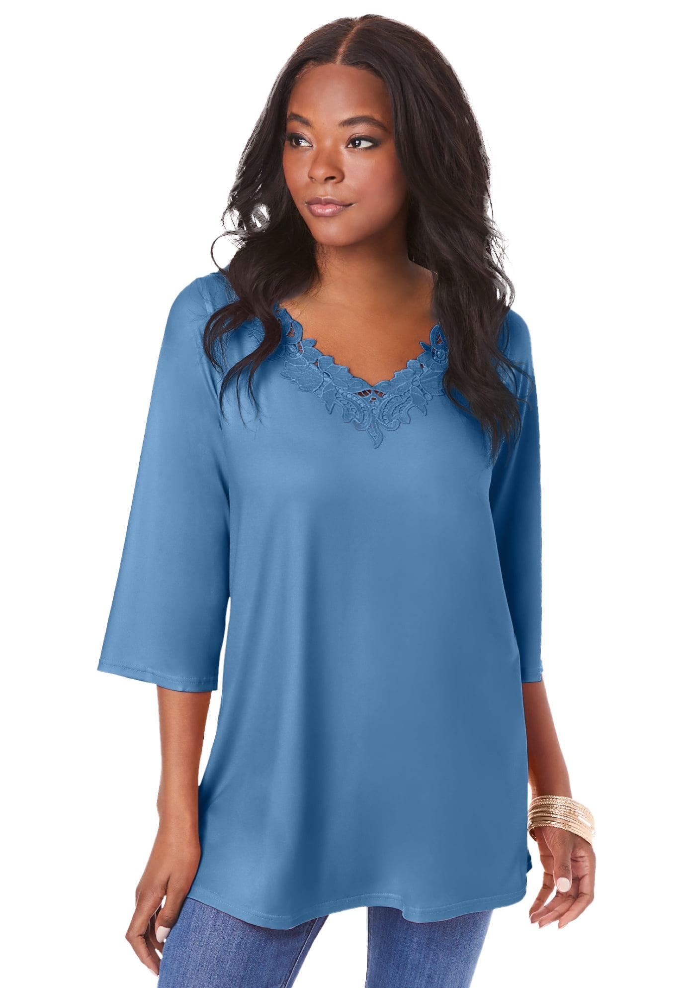 Roaman's Women's Plus Size Lace V Neck Ultrasmooth Fabric Top - Walmart.com
