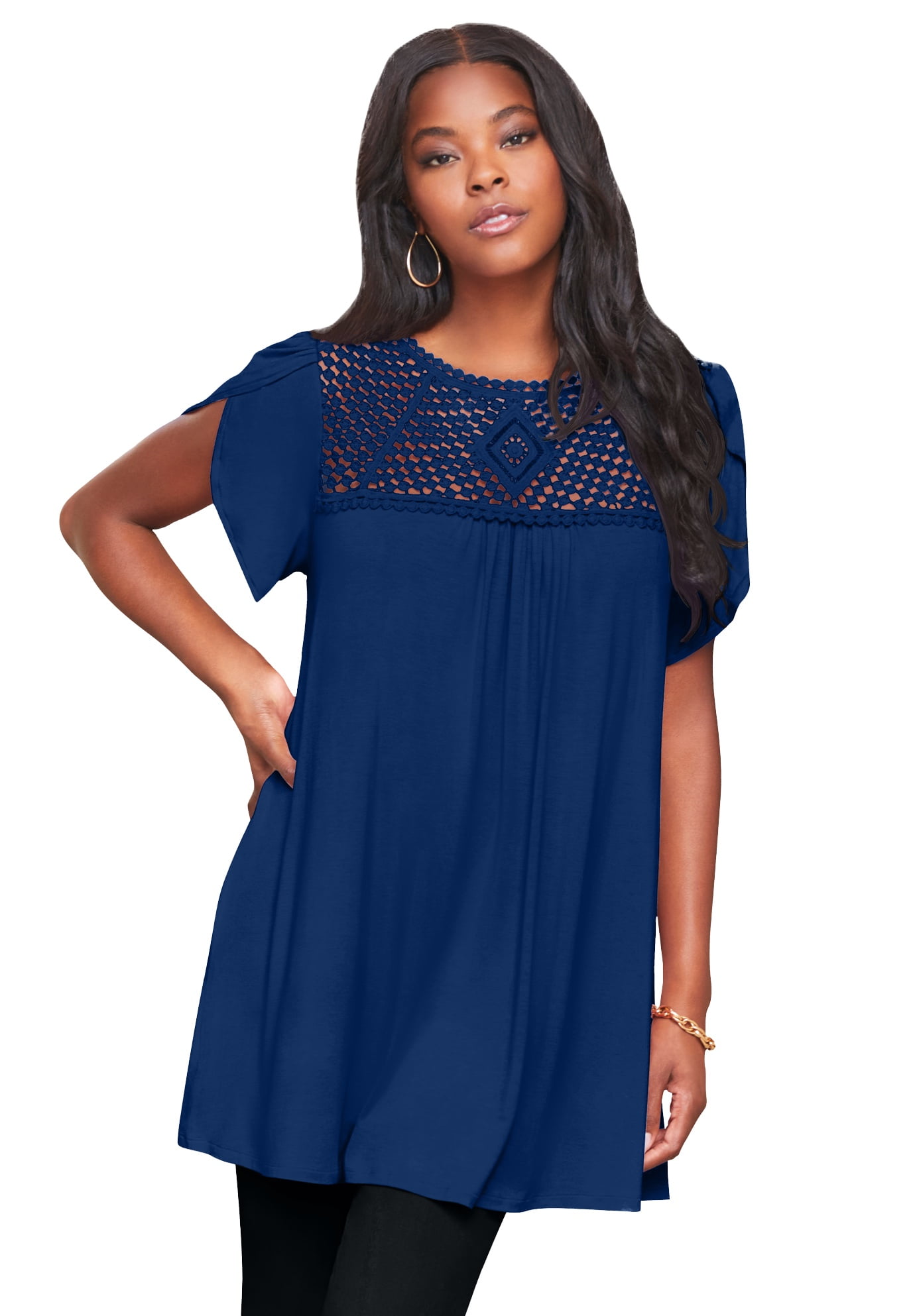 Roaman's Women's Plus Size Lace Yoke Pleated Tunic - Walmart.com