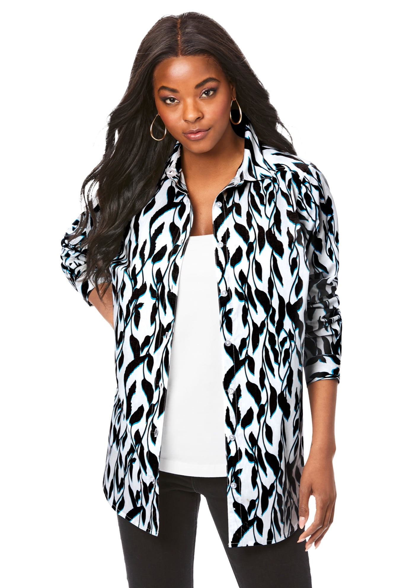 Roaman's Women's Plus Size Kate Long Sleeve Easy Cotton-Blend Button ...