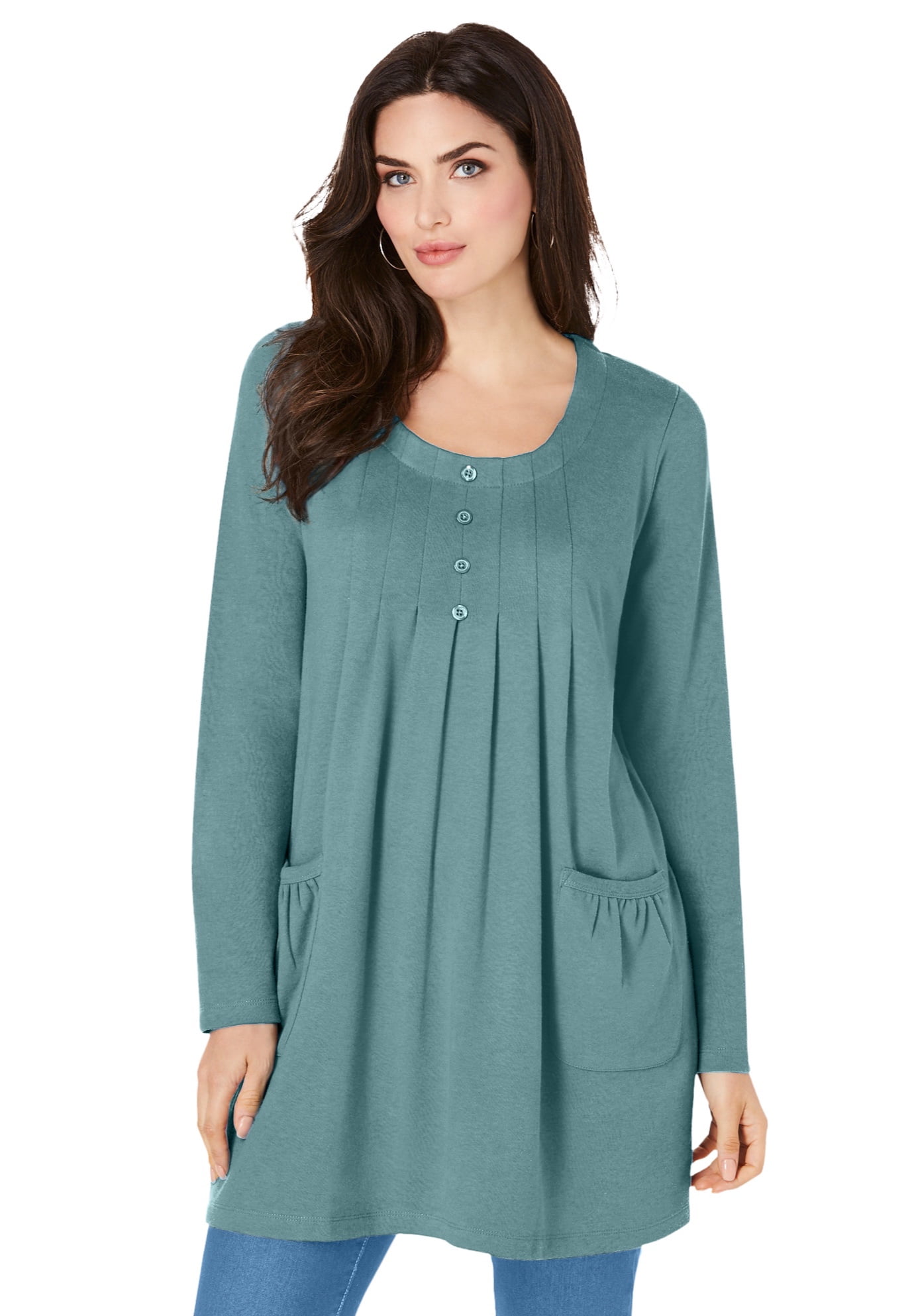 Roaman's Women's Plus Size Two Pocket Long Sleeve Soft Knit Swing Tunic ...