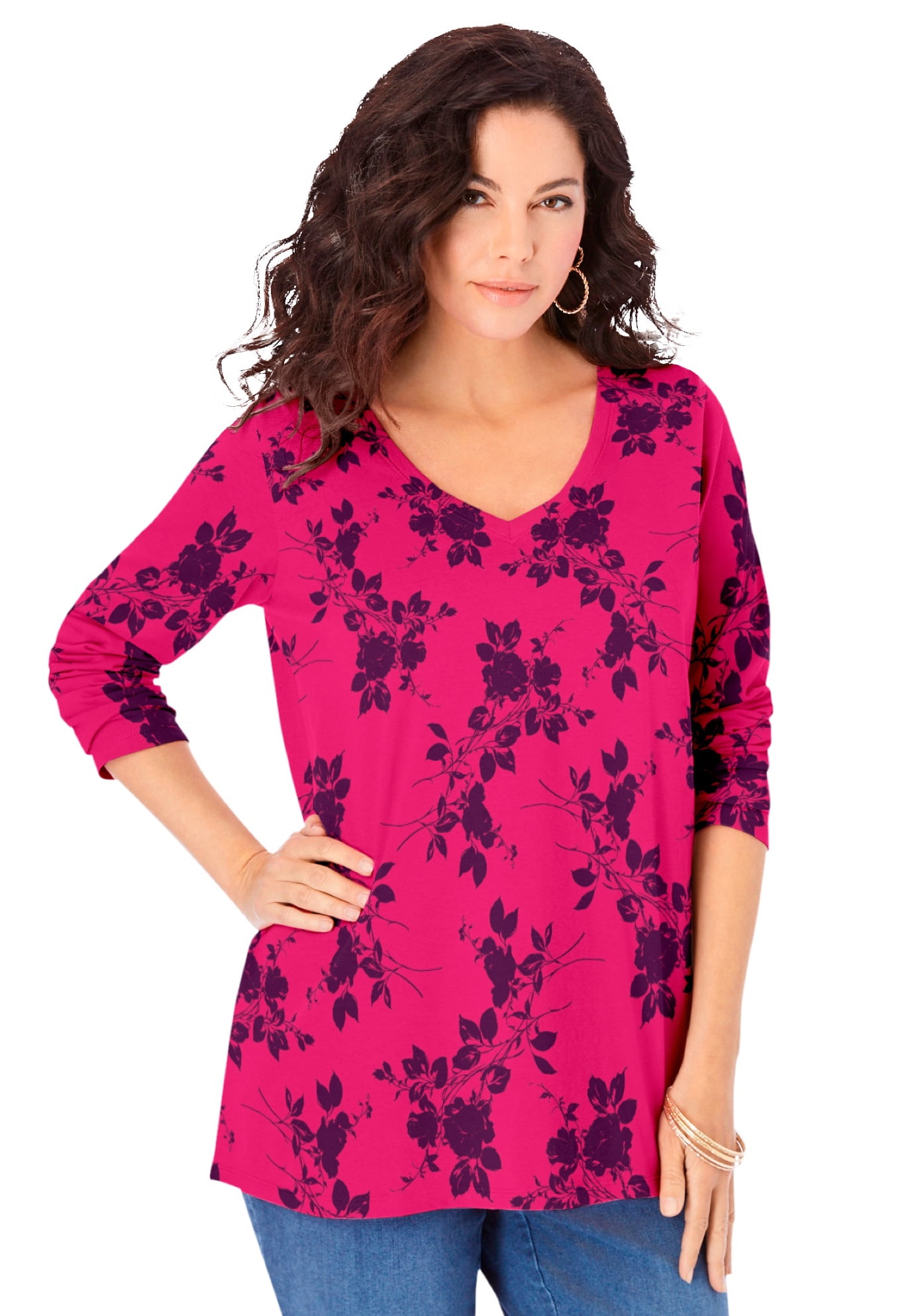 Roamans Womens Plus Size Long Sleeve V Neck Ultimate Tee 14 16