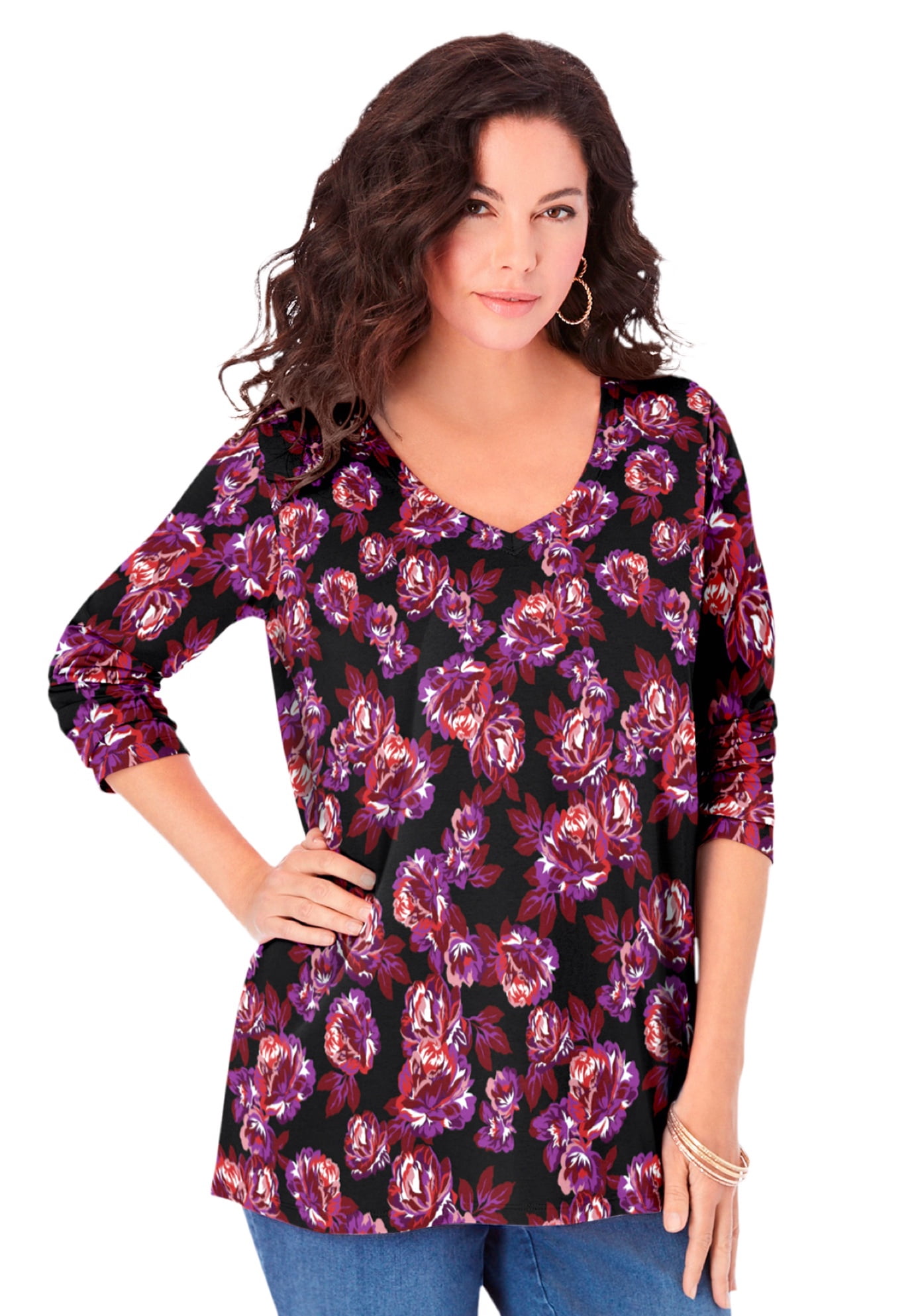 Roamans Womens Plus Size Long Sleeve V Neck Ultimate Tee 30 32