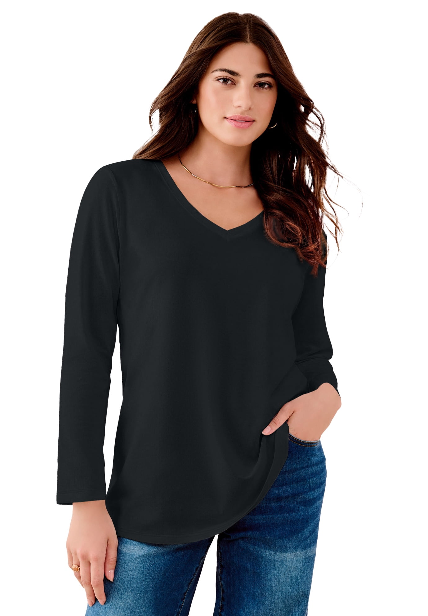 Roaman's Women's Plus Size Ultimate Long Sleeve V Neck Tee - Walmart.com