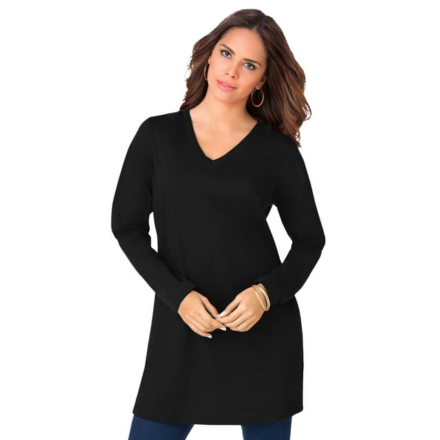 Roamans Womens Plus Size Long Sleeve V Neck Ultimate Tunic L Black