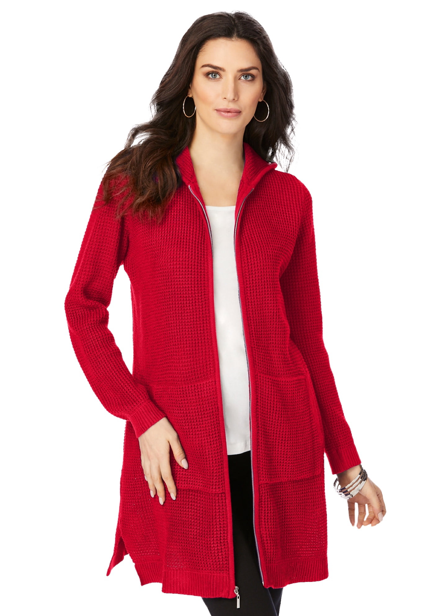 Roaman's Women's Plus Size Mega Length Waffle Zip Hoodie Sweater ...