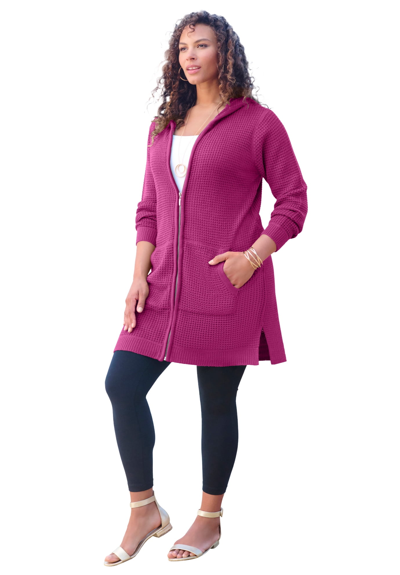 Roaman's Women's Plus Size Mega Length Waffle Zip Hoodie Sweater ...