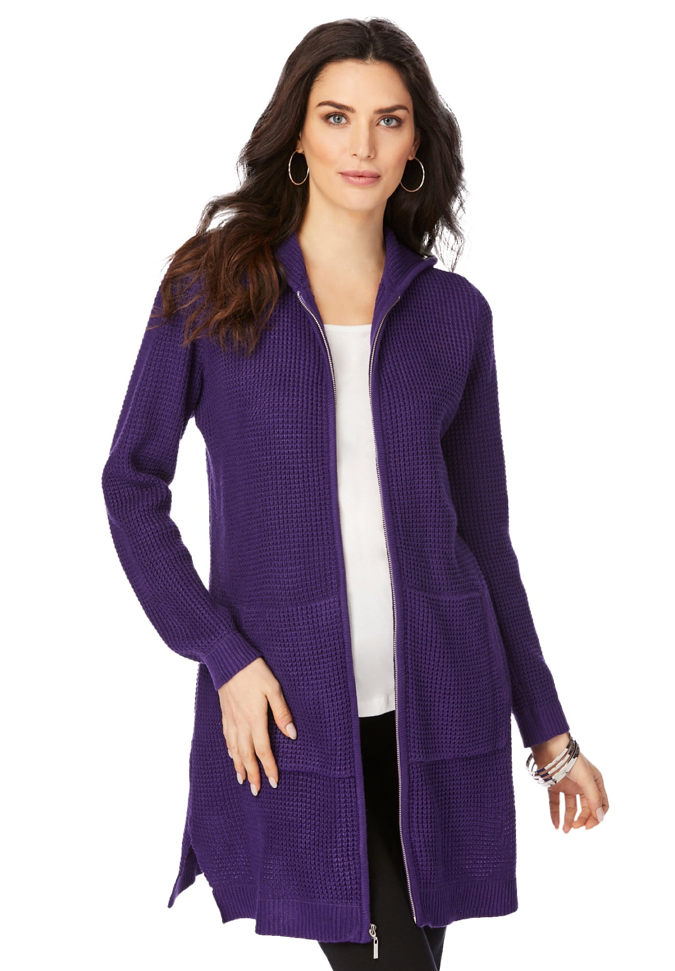 Roaman's Women's Plus Size Mega Length Waffle Zip Hoodie Sweater ...