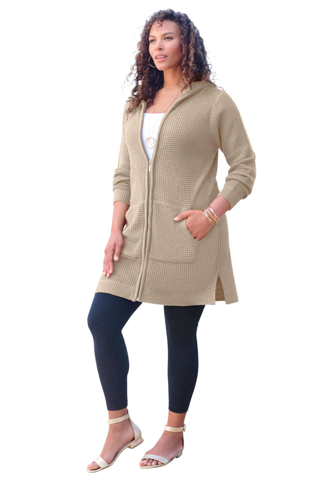 Roaman's Women's Plus Size Waffle Mega Length Zip Hoodie - Walmart.com