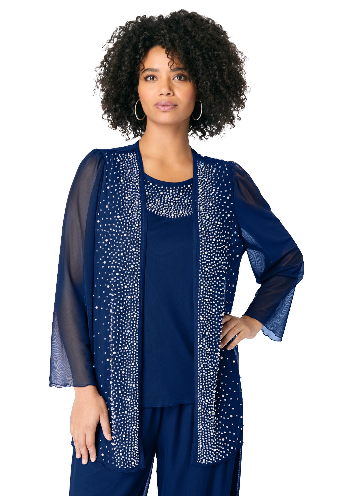 Roaman's Women's Plus Size Mesh Overlay Cardigan And Tank Set ...