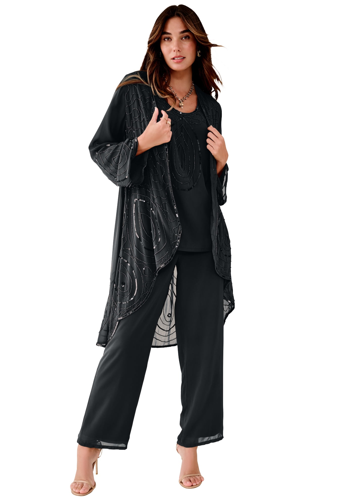Roaman's Women's Plus Size Beaded Georgette Scoop Neck 3-Piece Pant Set ...