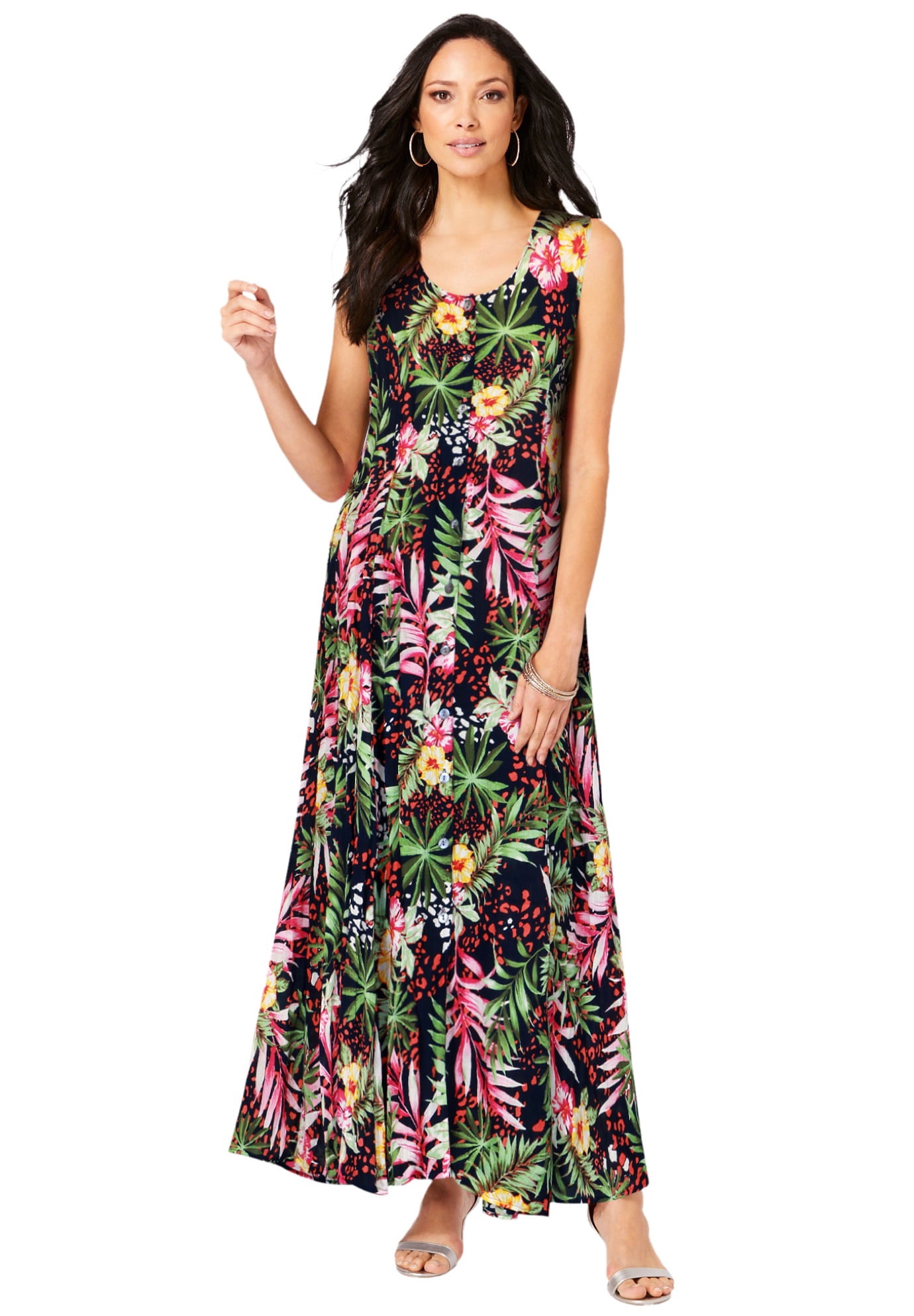 Roaman's Women's Plus Size Petite Button-Front Crinkle Dress With ...
