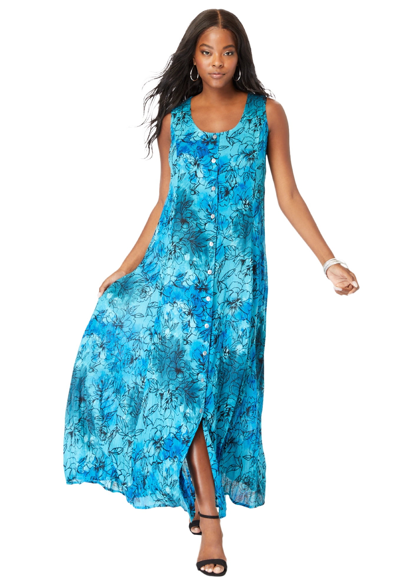 Roaman's Women's Plus Size Petite Button-Front Crinkle Dress With ...