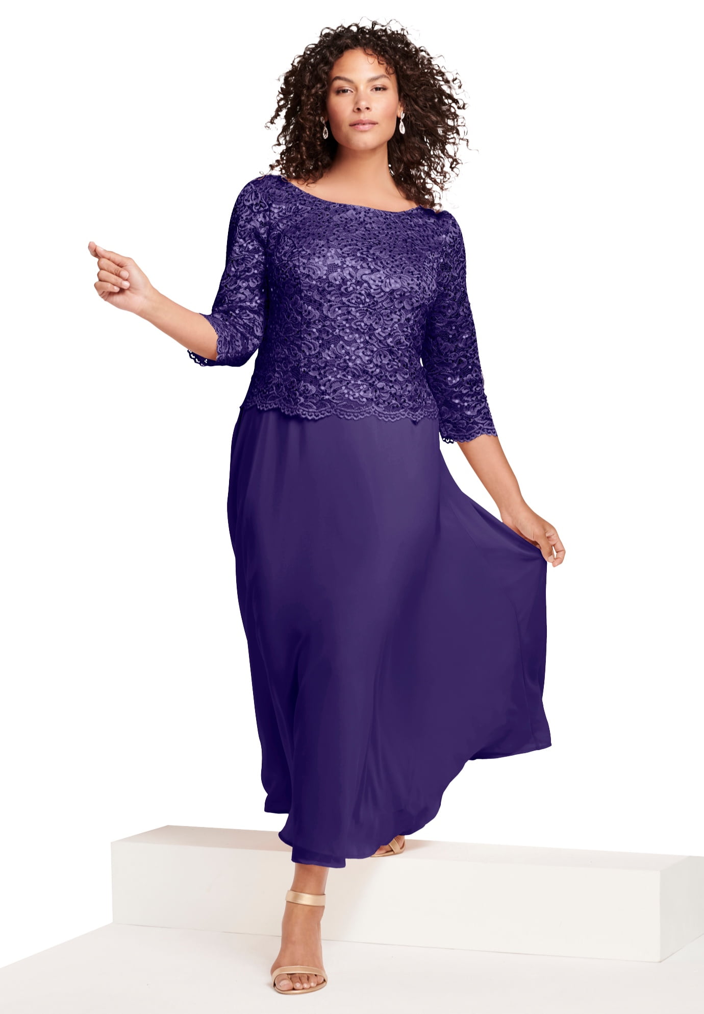 Roaman's Plus Size Petite Women's Lace Popover Dress, Flowy, Long and Sweeping, Fully Lined, 55 ...