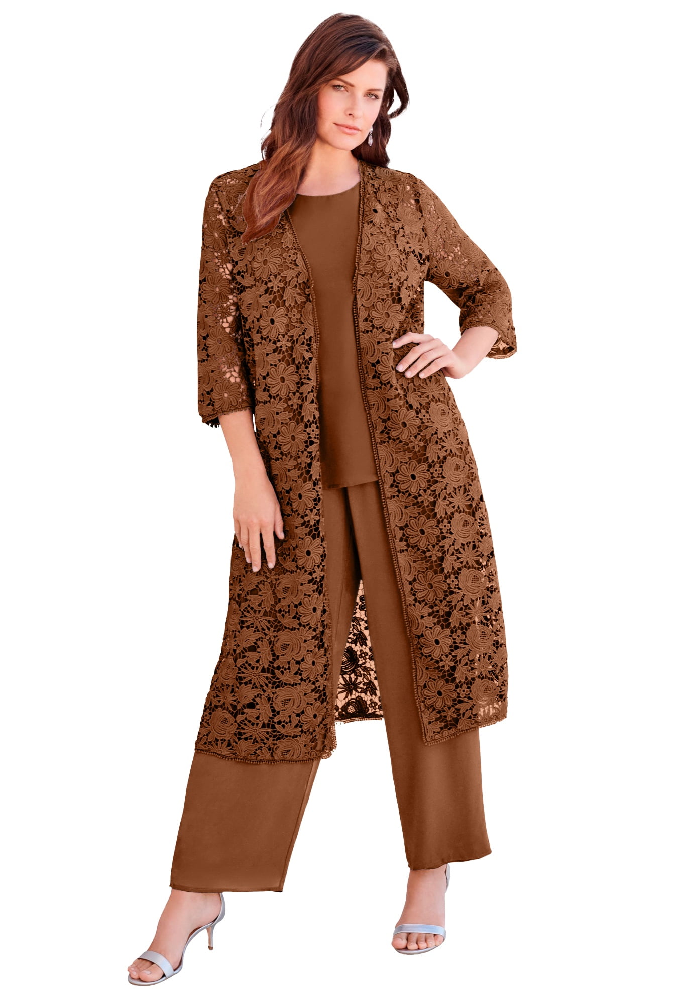 Roaman's Women's Plus Size Petite Lace Duster Pant Set - Walmart.com