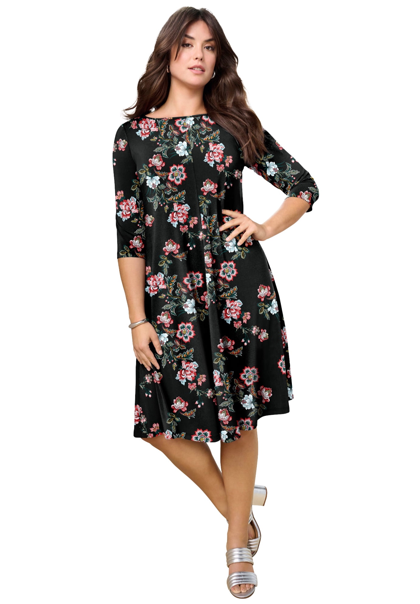Roaman's Women's Plus Size 3/4 Sleeve Boatneck Swing Dress - Walmart.com