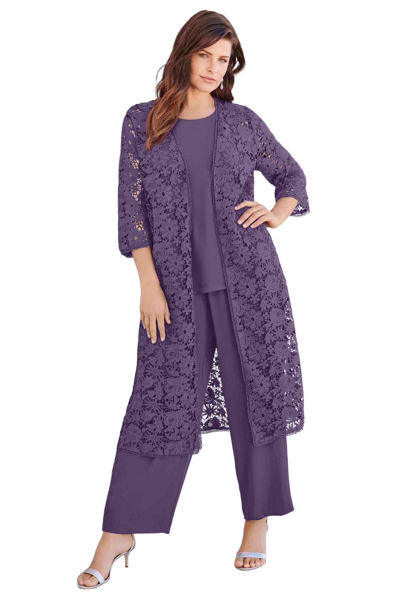 Roaman's Women's Plus Size Plus Size 3-Piece Allover Lace Duster Pant ...