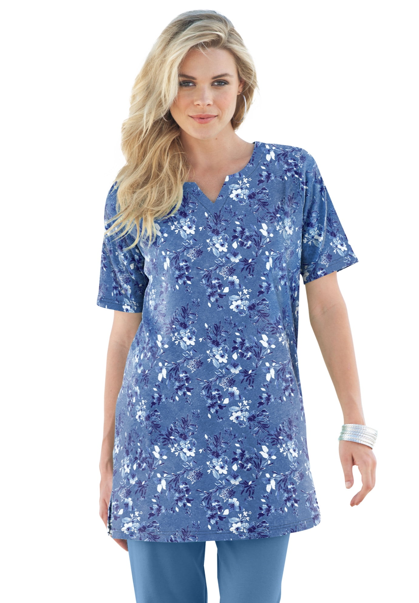 Roaman's Women's Plus Size Soft Knit Print Notch Neck Tunic - Walmart.com